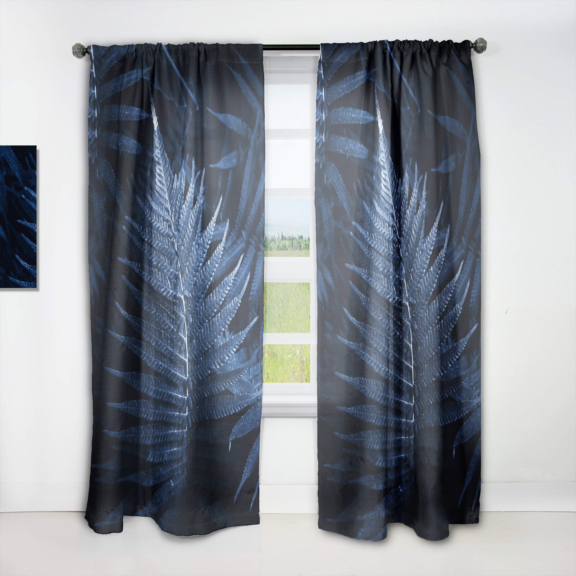 Design Art Tropical Leaves In Classic Blue - Tropical Velvet Curtain ...