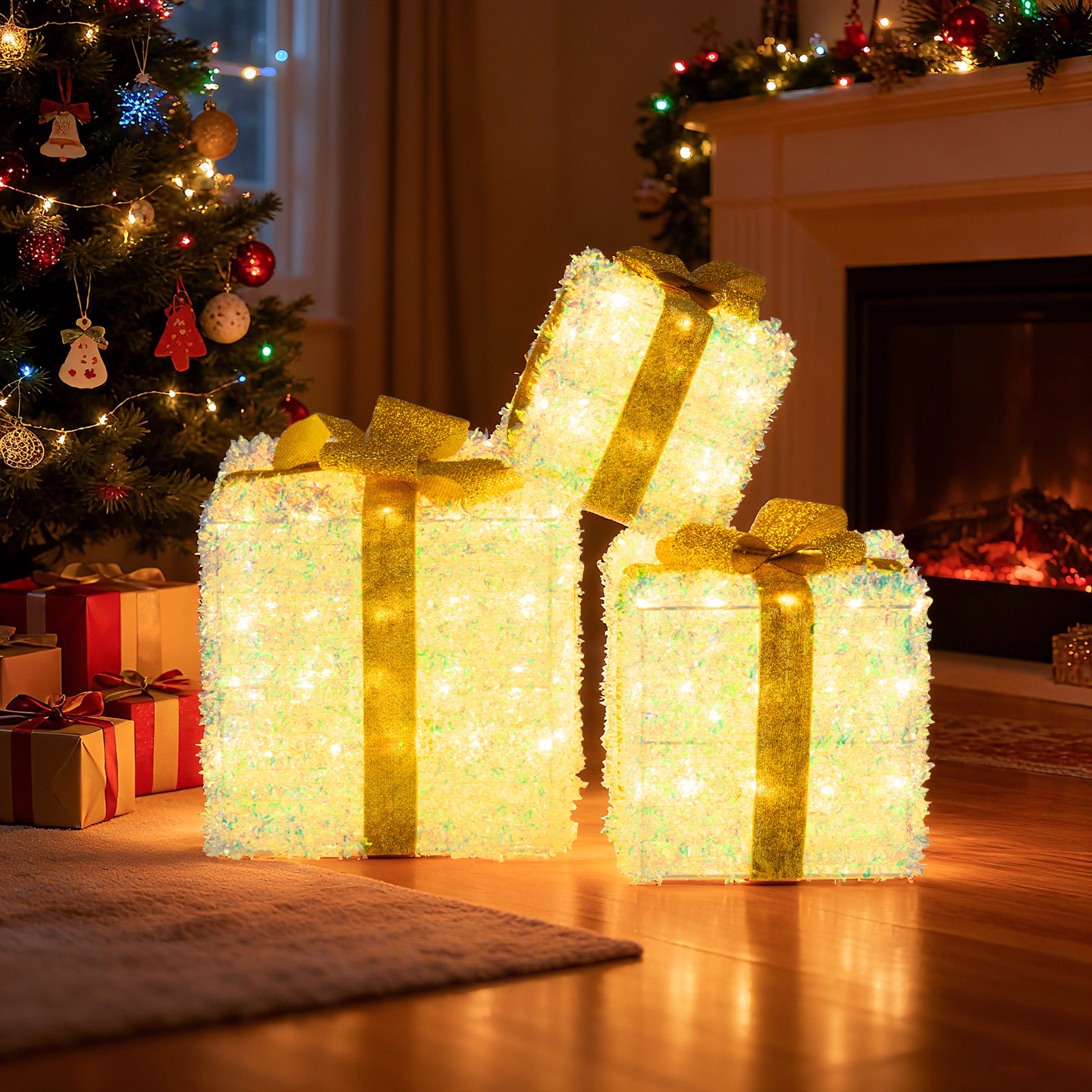 Astoria Grand Set Of 3 Christmas Lighted Gift Boxes Pre-Lit Tinsel ...
