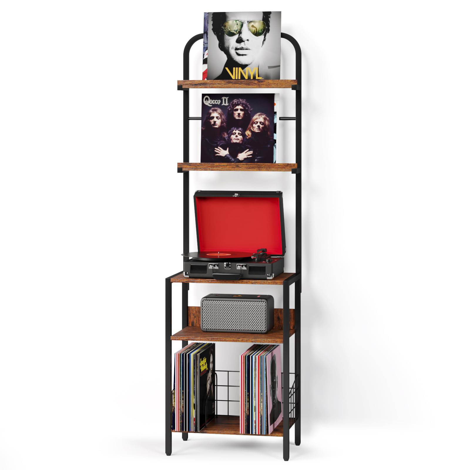 George Oliver Tall Vertical Record Player Stand With 2-Tier Vinyl ...