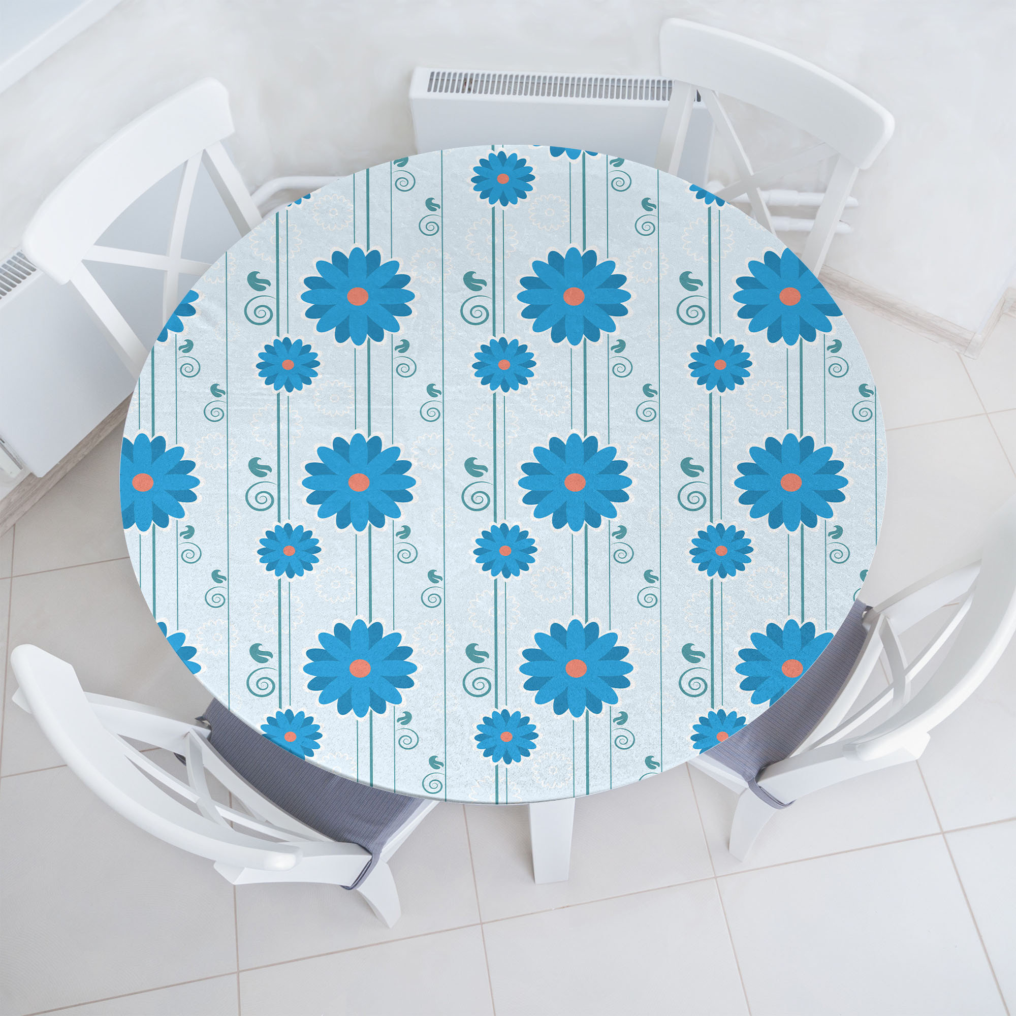 Union Rustic Floral Fitted Round Tablecloth 56"- 60" Diameter Deep Sky ...