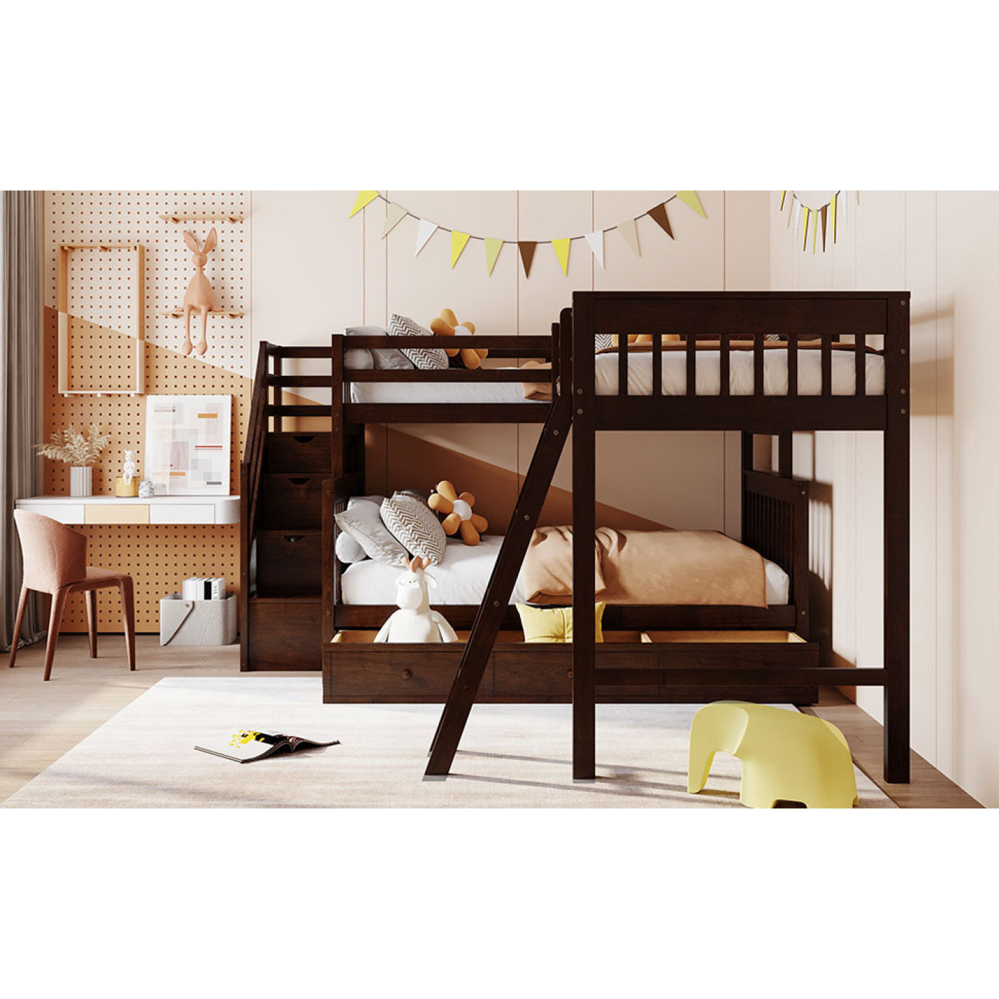 One Allium Way Twin Over Full L-Shaped Bunk Bed With 3 Drawers, Ladder ...