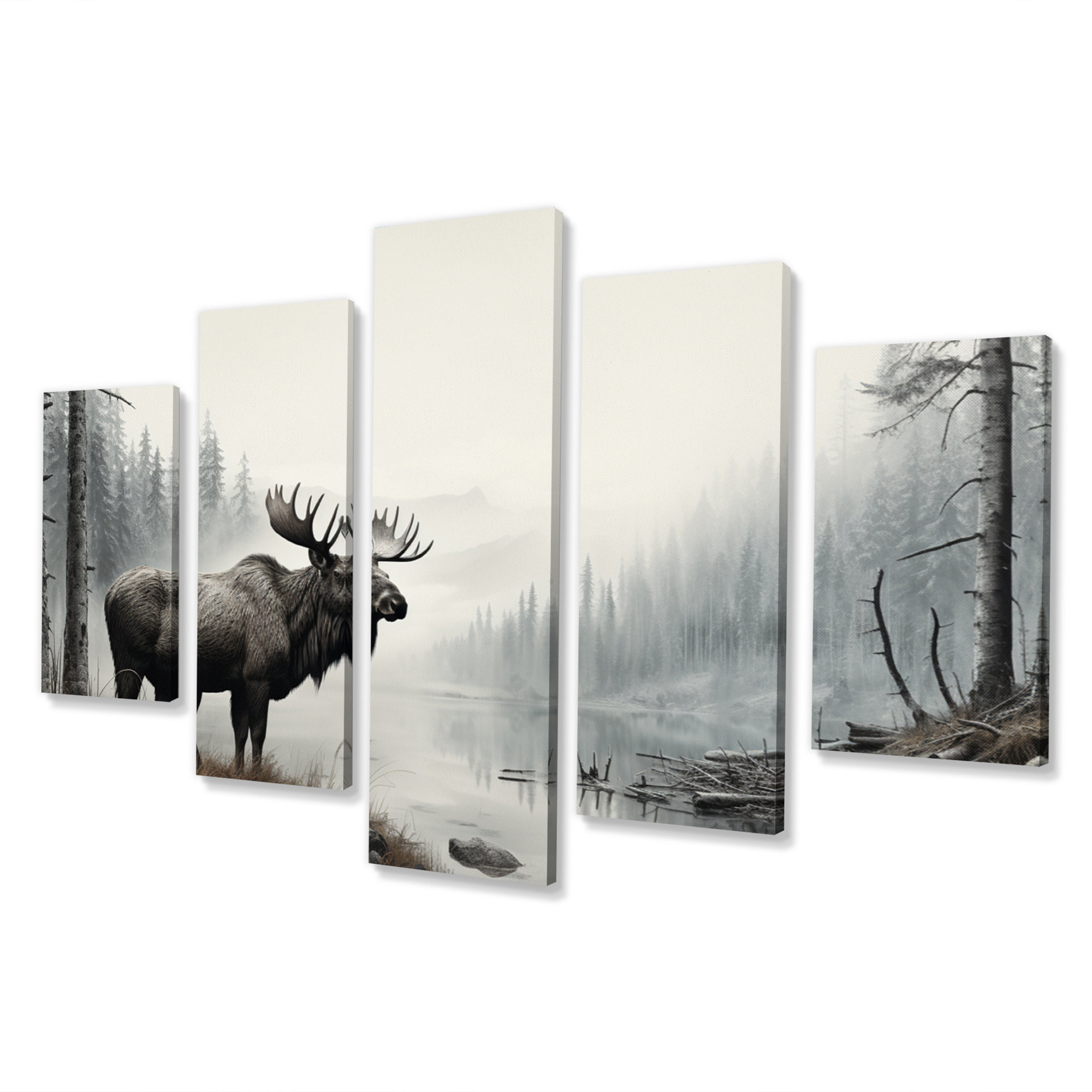 Loon Peak® Grey Moose Tranquil Tones - Animals Wall Decor - 5 Panels ...