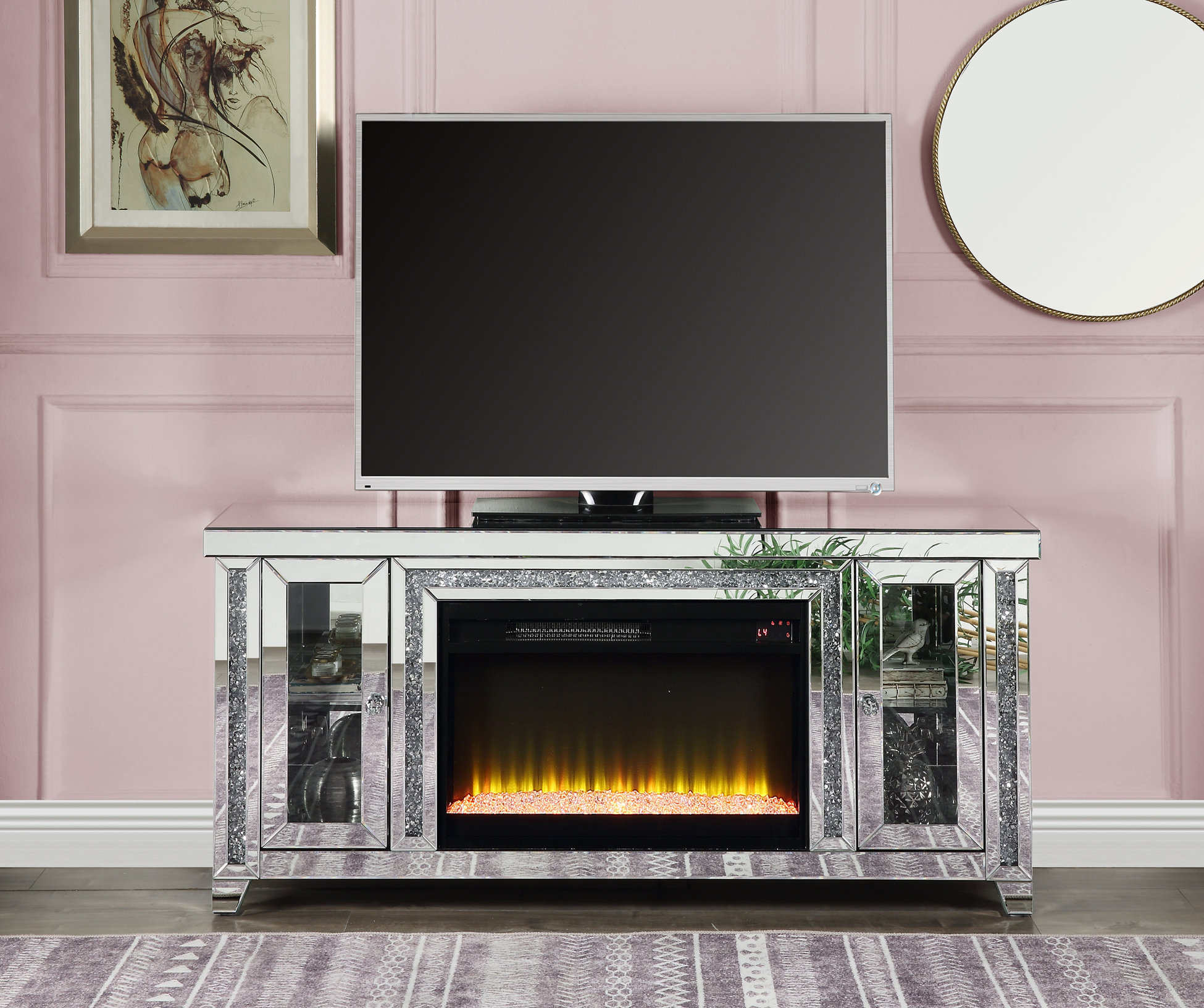 Rosdorf Park Maeli TV STAND W/FIREPLACE & LED Mirrored & Faux Diamonds ...