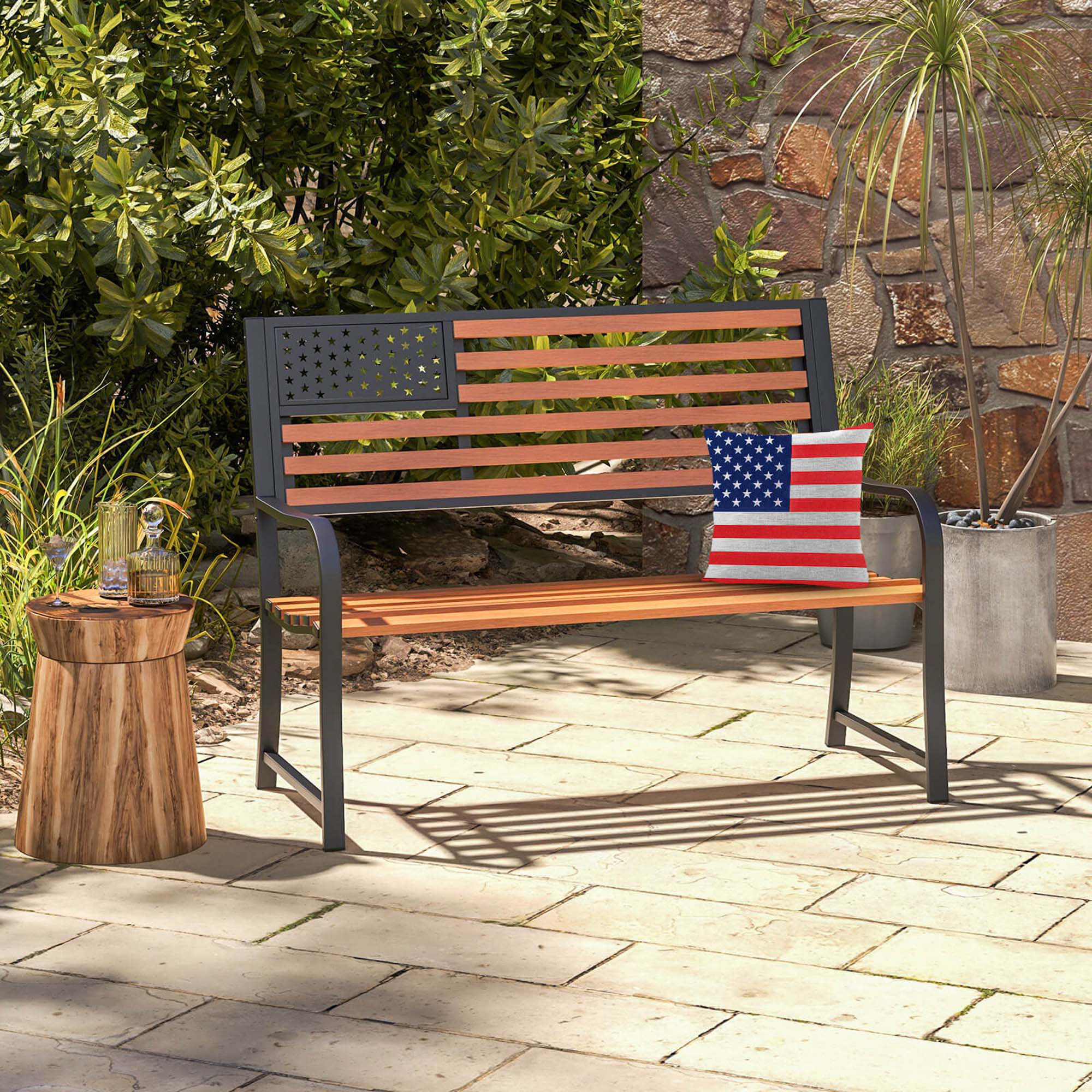 17 Stories 50" Outdoor Garden Bench With Flag Pattern Backrest & Rustic ...