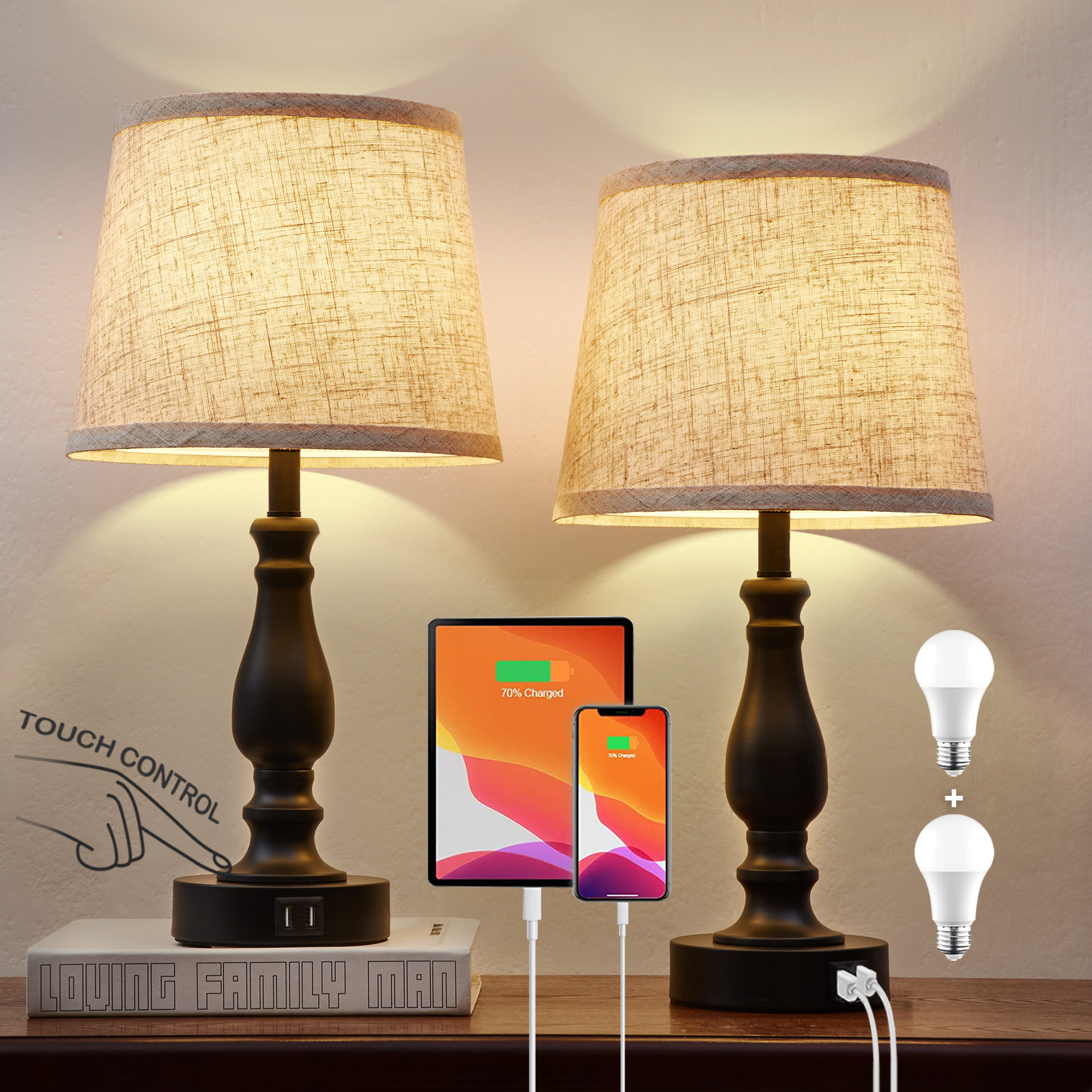 Charlton Home Table Lamp Set With 3 Way Dimmable Touch Desk Lamp (Bulbs ...