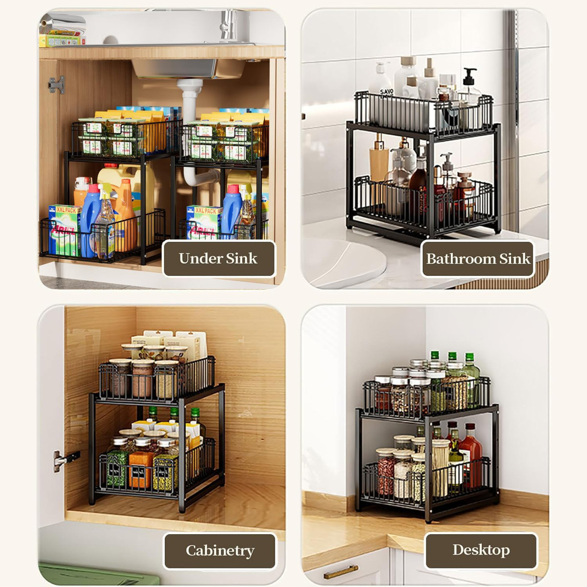 HAPPY LIFE Sliding 2-Tier Cabinet Organizer With Rust-Proof Shelves ...