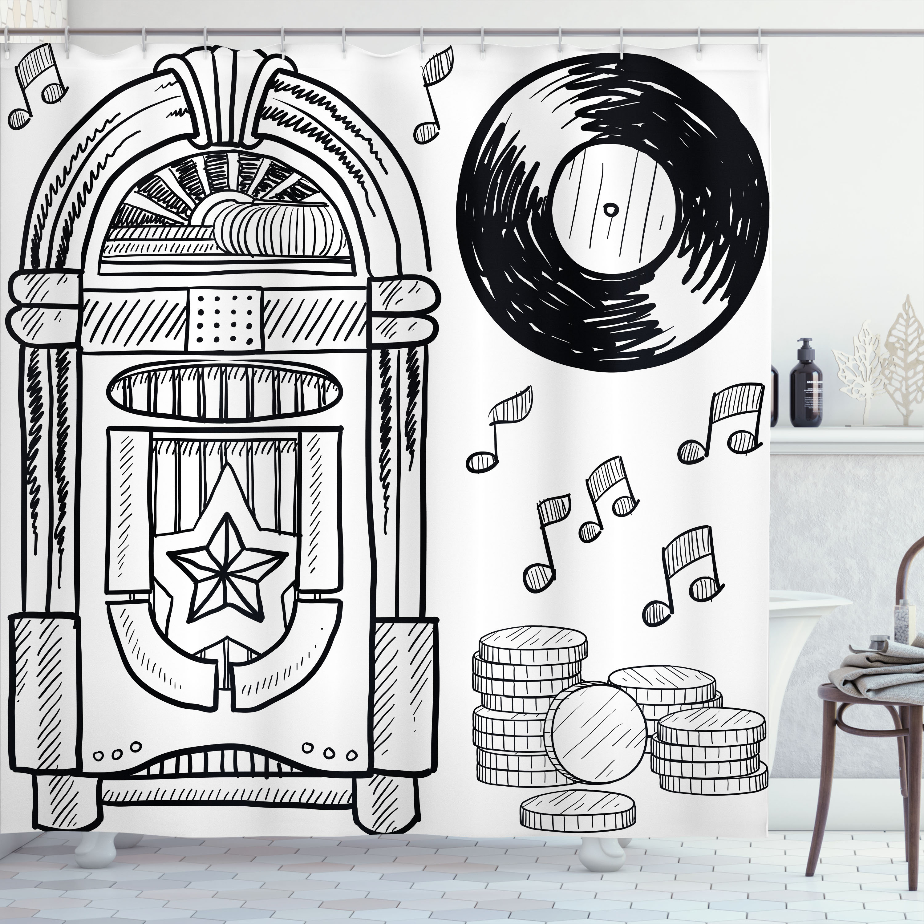 Ambesonne Retro Shower Curtain Music Box Notes Coins Black and White ...