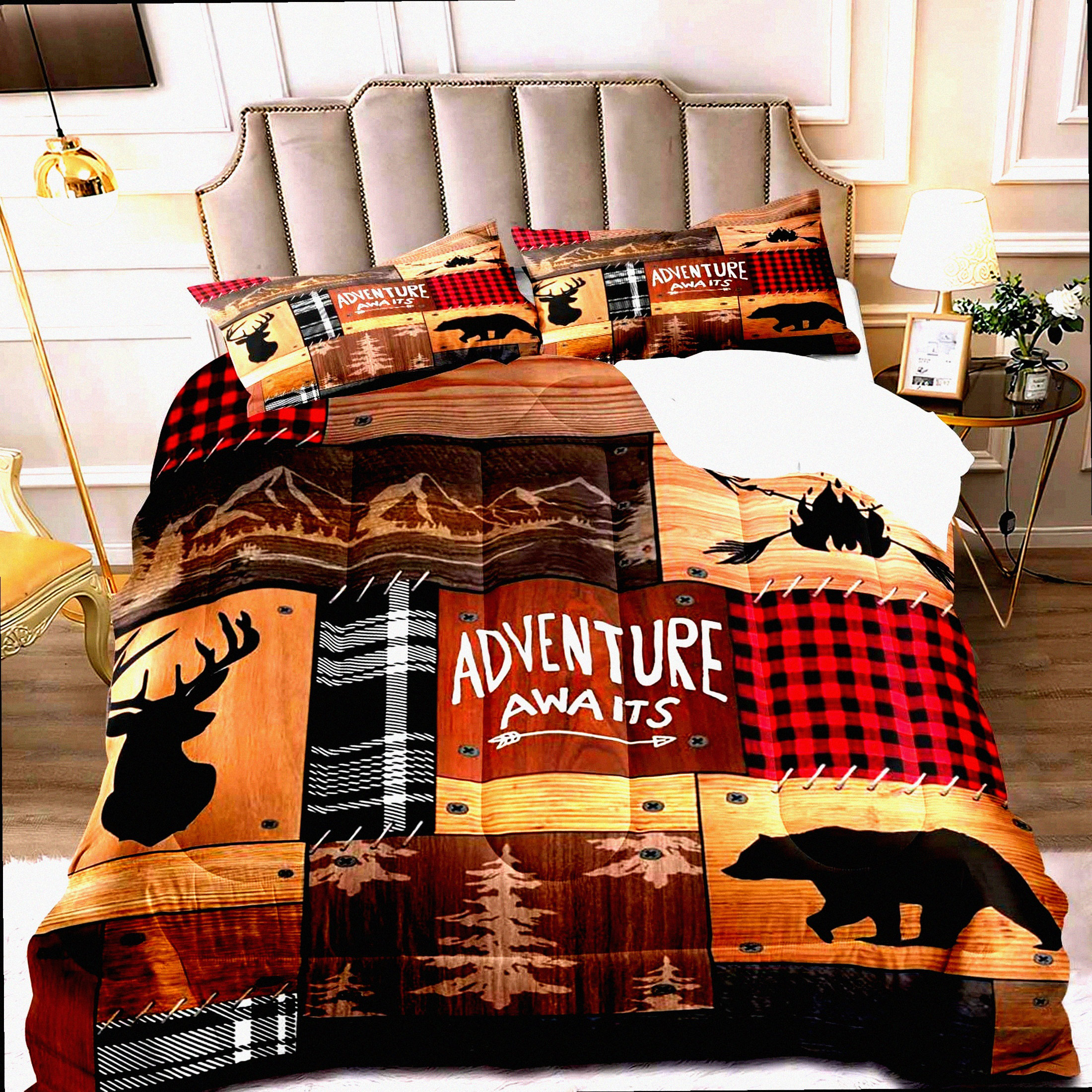East Urban Home Wildlife Lodge Rustic Comforter Set - Queen Size - Black Bear Deer Elk Moose ...