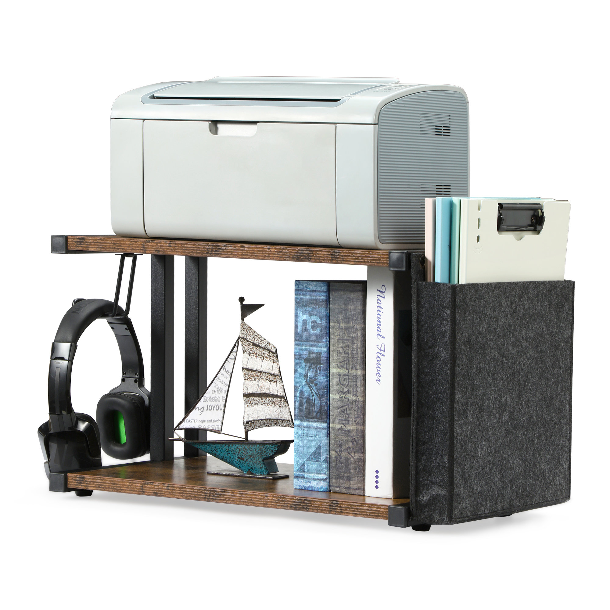 CELLPAK 2 Tier Wooden Under Desk Mobile Printer Stand With Storage Bag ...