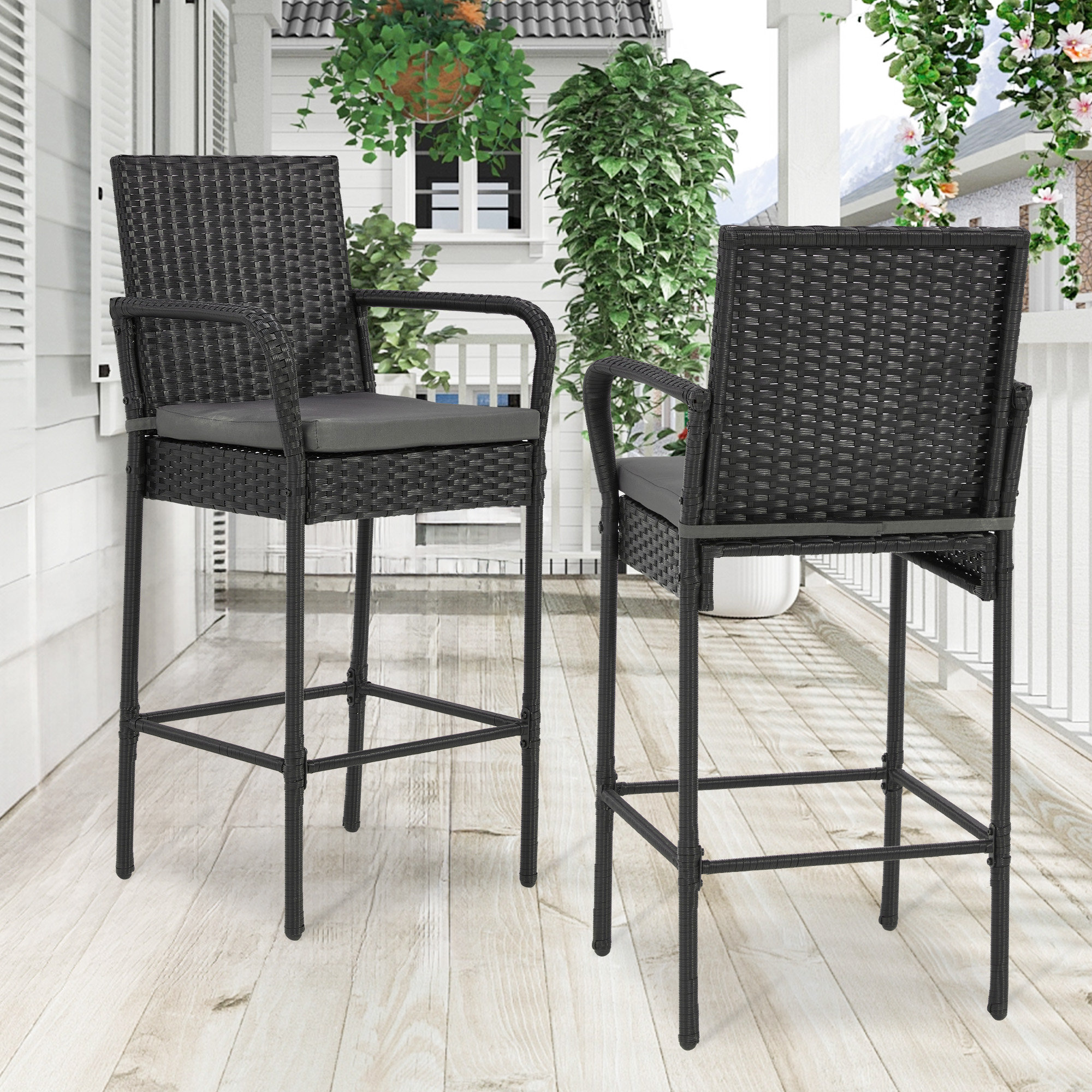 Ebern Designs Outdoor Patio Wicker Bar Stools Set Of 2, Pe Wicker ...