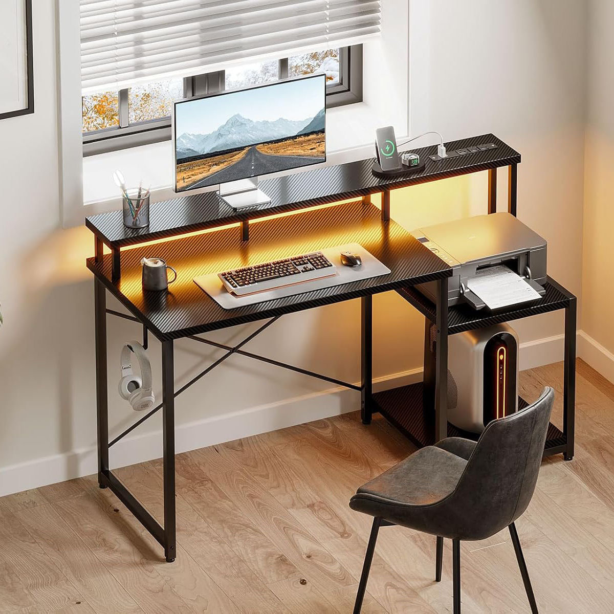 Inbox Zero Computer Desk, 48 Inch Gaming Desk With Led Lights & Power ...