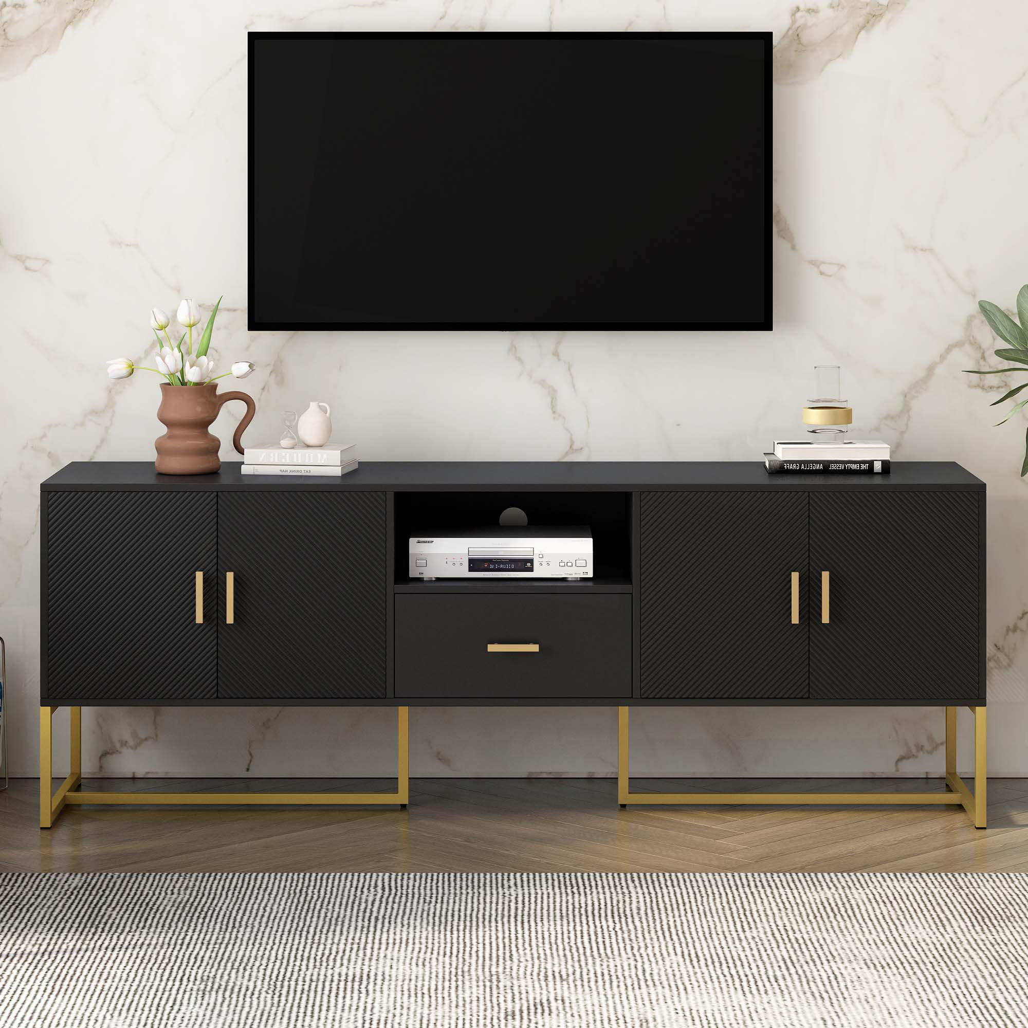 Mercer41 Modern TV Stand for TV up to 70 Inches,TV Cabinet with 1 Drawer, 2 Cabinets and Metal ...