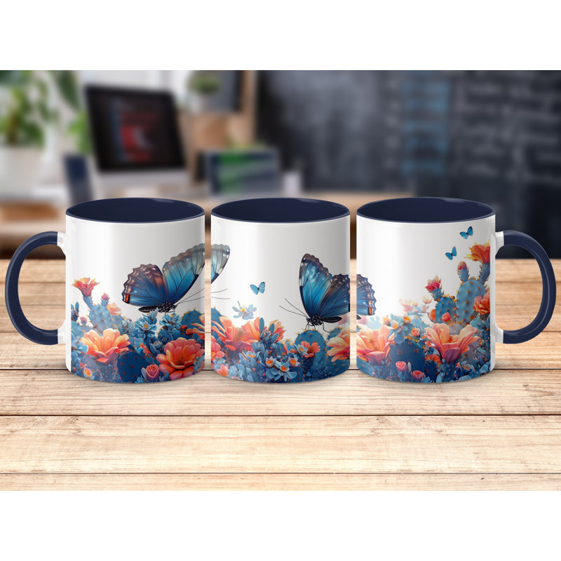 East Urban Home Set of 3 Butterfly Design 11oz Accent Mugs – White ...