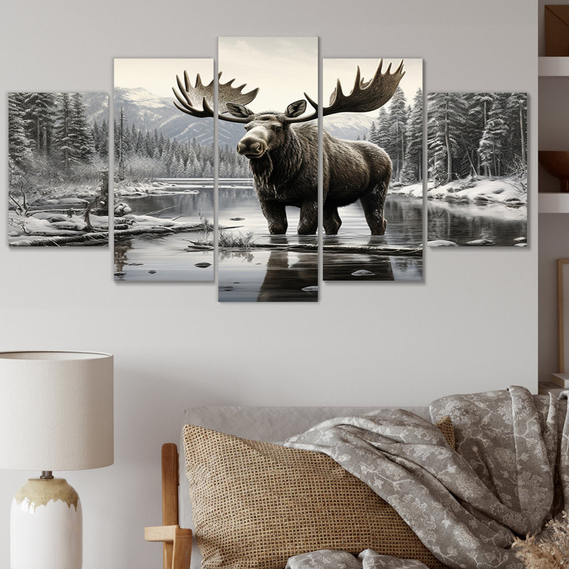 Design Art Brown White Moose Winter Majesty - Animals Wall Decor - 5 ...