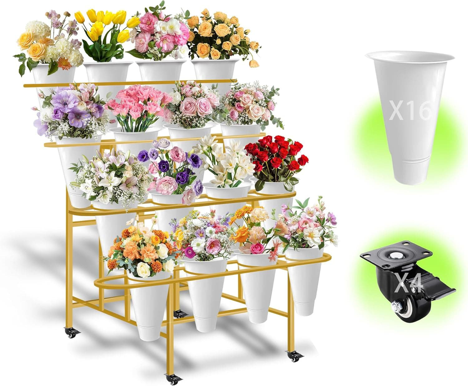 Everly Quinn 4-Tier Rolling Flower Display Stand With 16 Buckets, Heavy ...