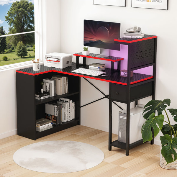 Ebern Designs 51'' L Shaped Gaming Desk With LED Lights, Drawer And ...
