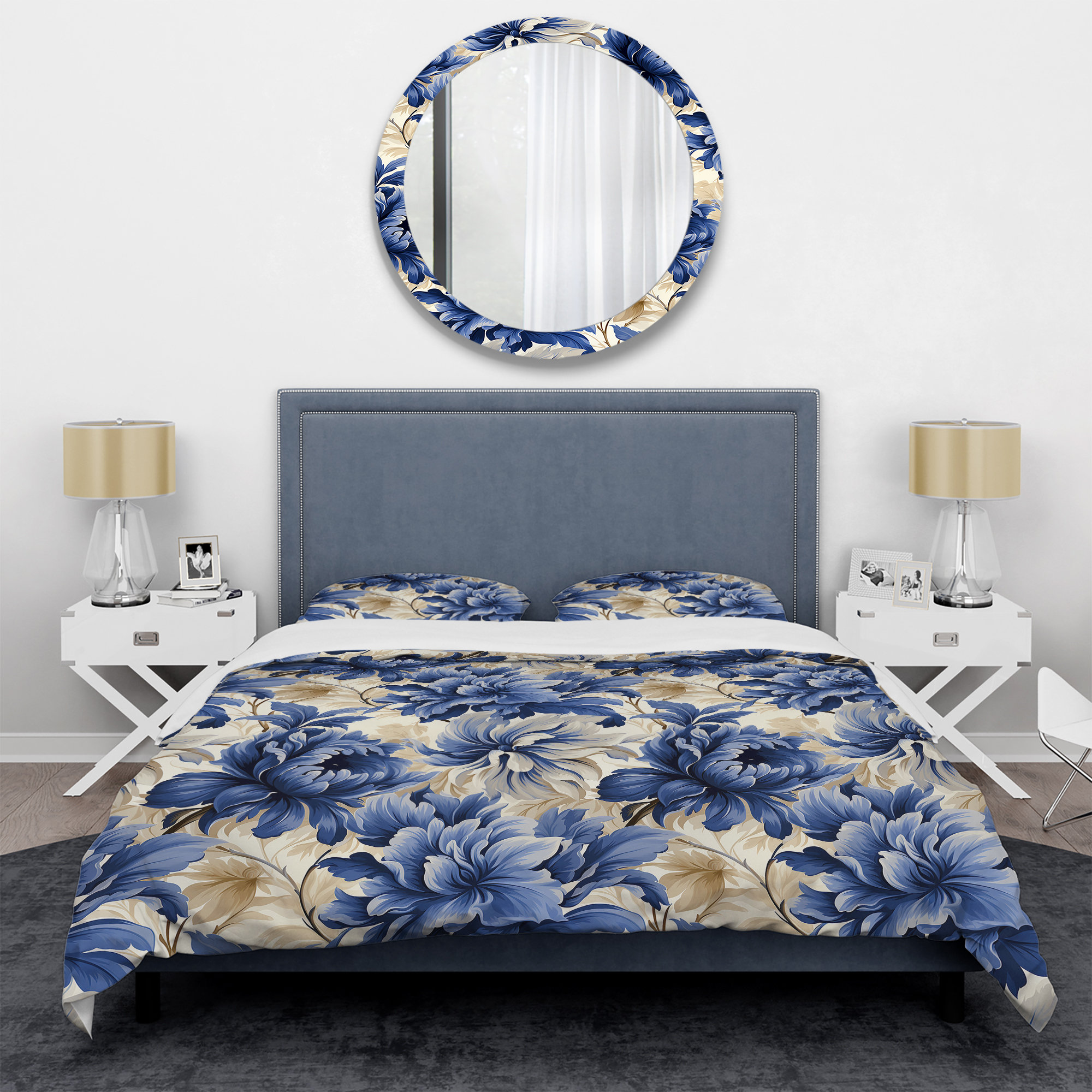 East Urban Home Aryka Regal Cobalt Blue Damask Ii Victorian Pattern III - Floral Duvet Cover Set ...
