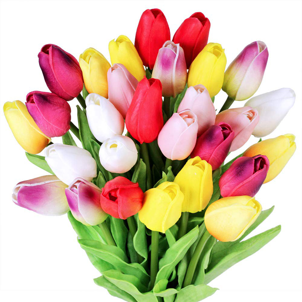 Primrue 28 Pcs Tulips Artificial Flowers Faux Tulip Stems Real Feel PU ...