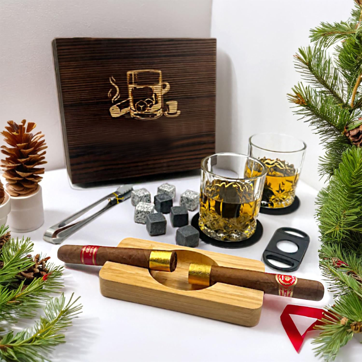 Amzico Daily Treasures Whiskey Stones Set With Wooden Cigar Ashtray ...