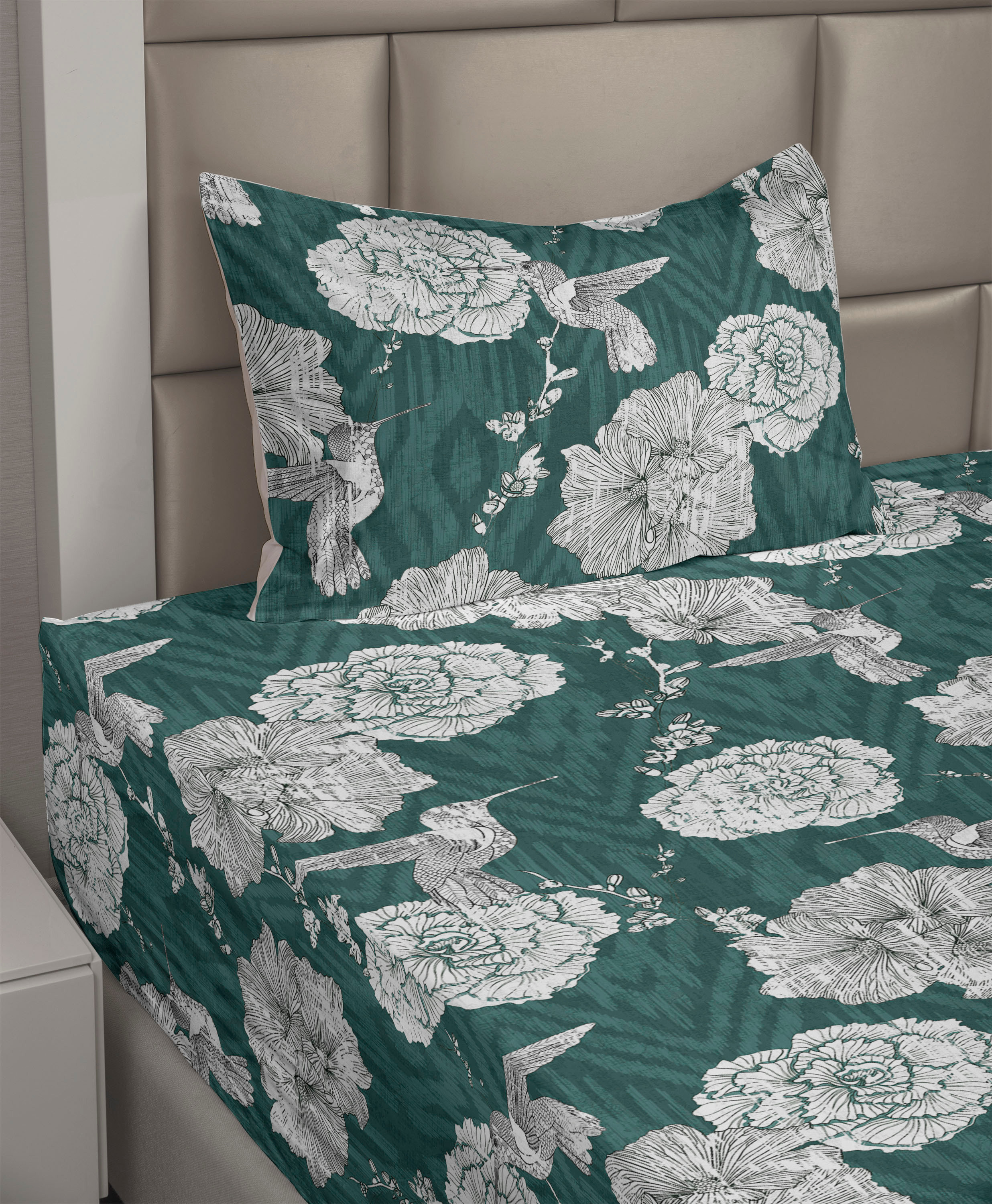 Ambesonne Floral Boho Sheet Set Art Peony Hummingbird Jade Green and ...