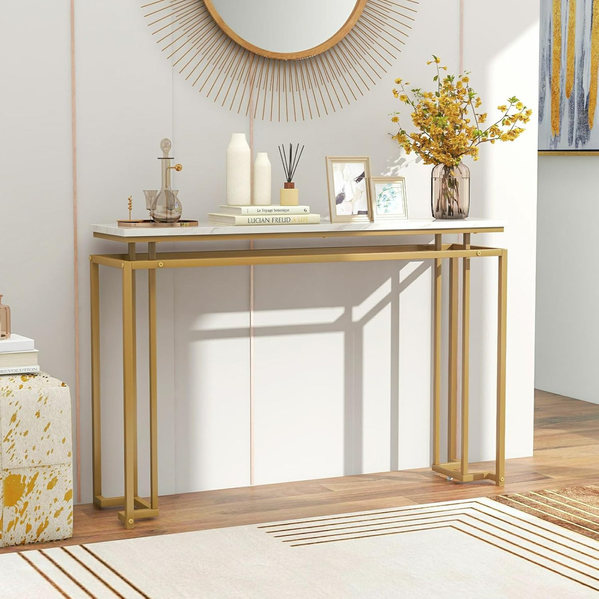 Mercer41 47” Gold Console Table, Narrow Console Table With Faux Marble ...