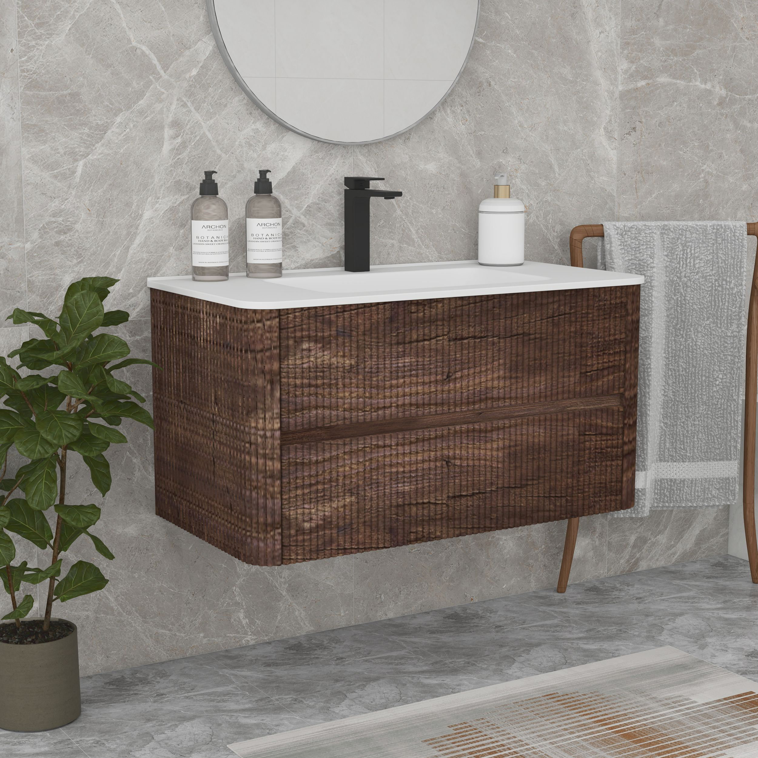 Millwood Pines Vintage Walnut Vanity with 2 Drawers and White Sink ...