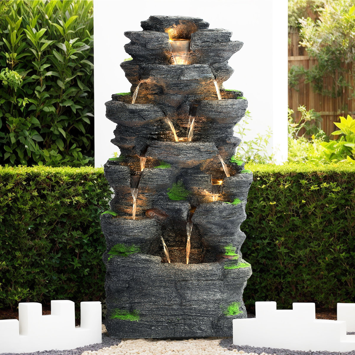 Ivy Bronx 10 Tiers Cascading Rock Outdoor Water Fountain, 40"H Garden ...
