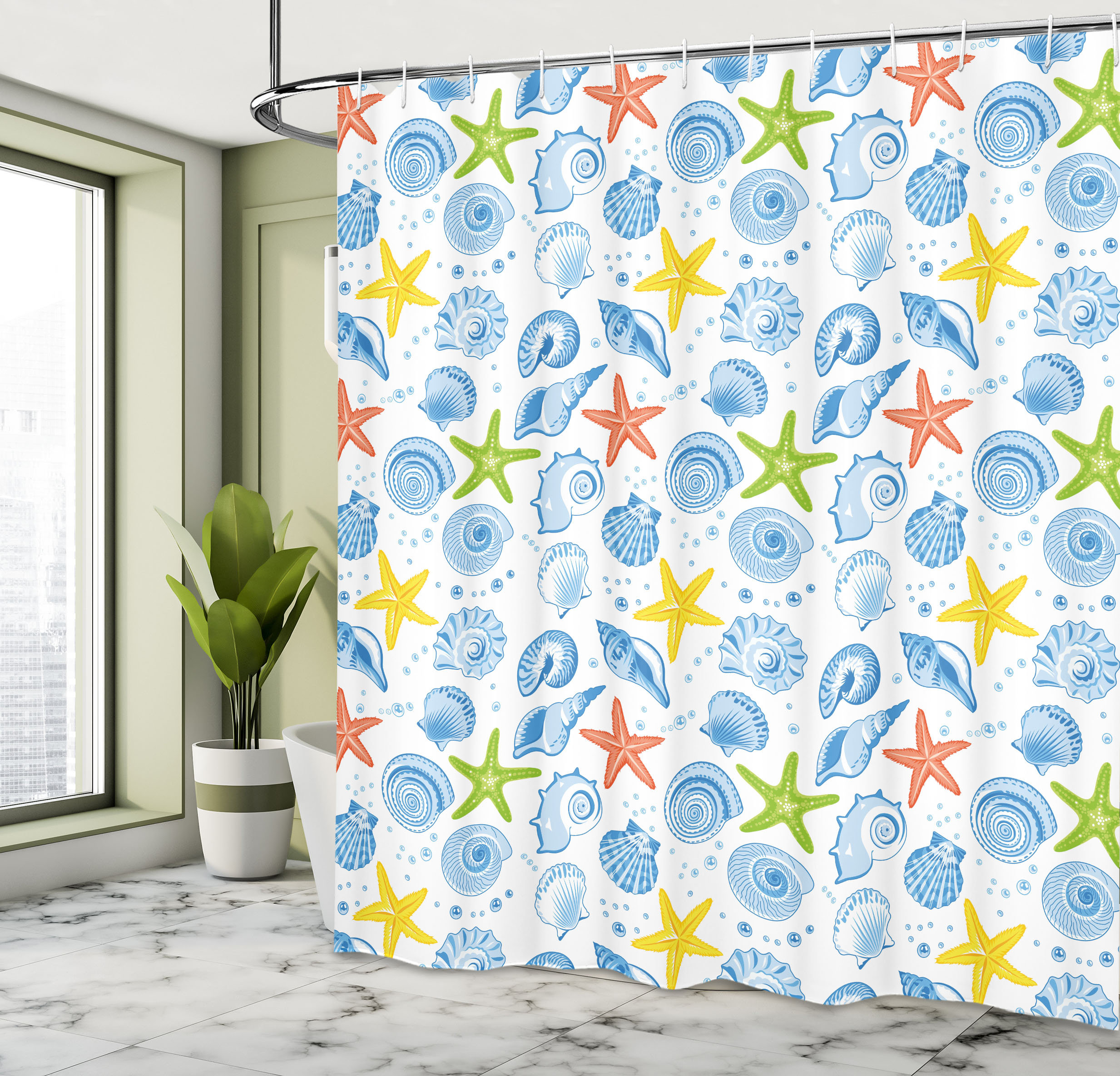 East Urban Home Sea Shells Shower Curtain Aqua Marine Stars Multicolor ...