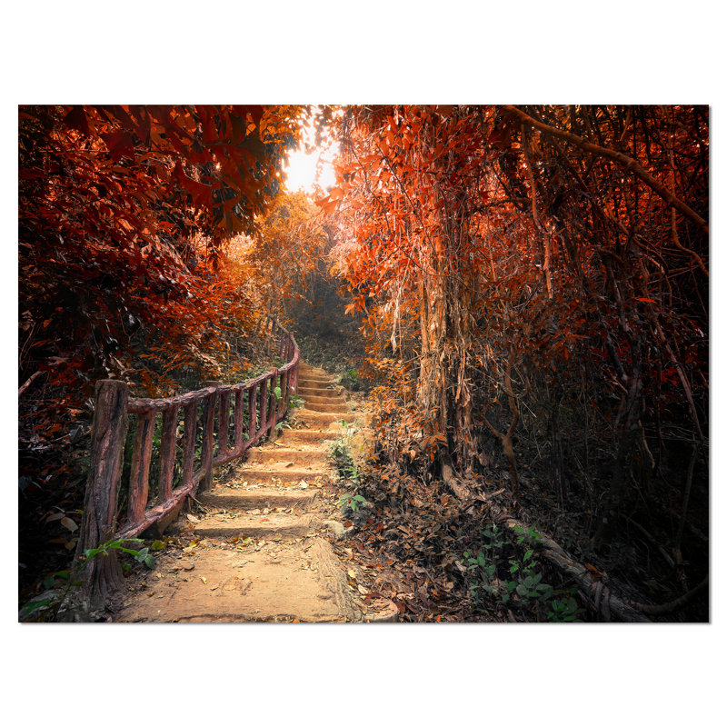 Charlton Home® " Stairway Through Red Fall Forest " on Canvas & Reviews ...