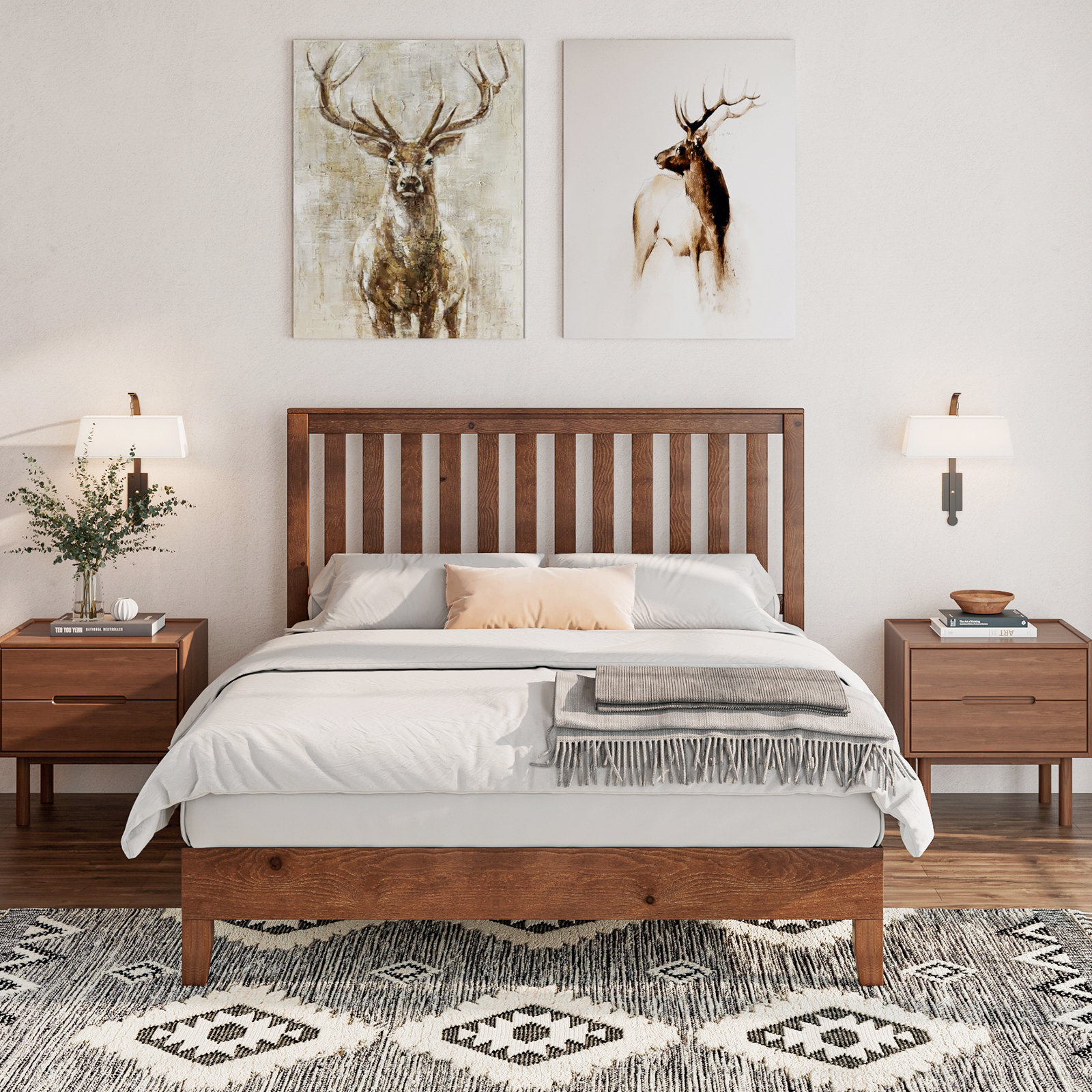 Winston Porter Allare Mid-Century Solid Wood Bed Frame with Headboard ...