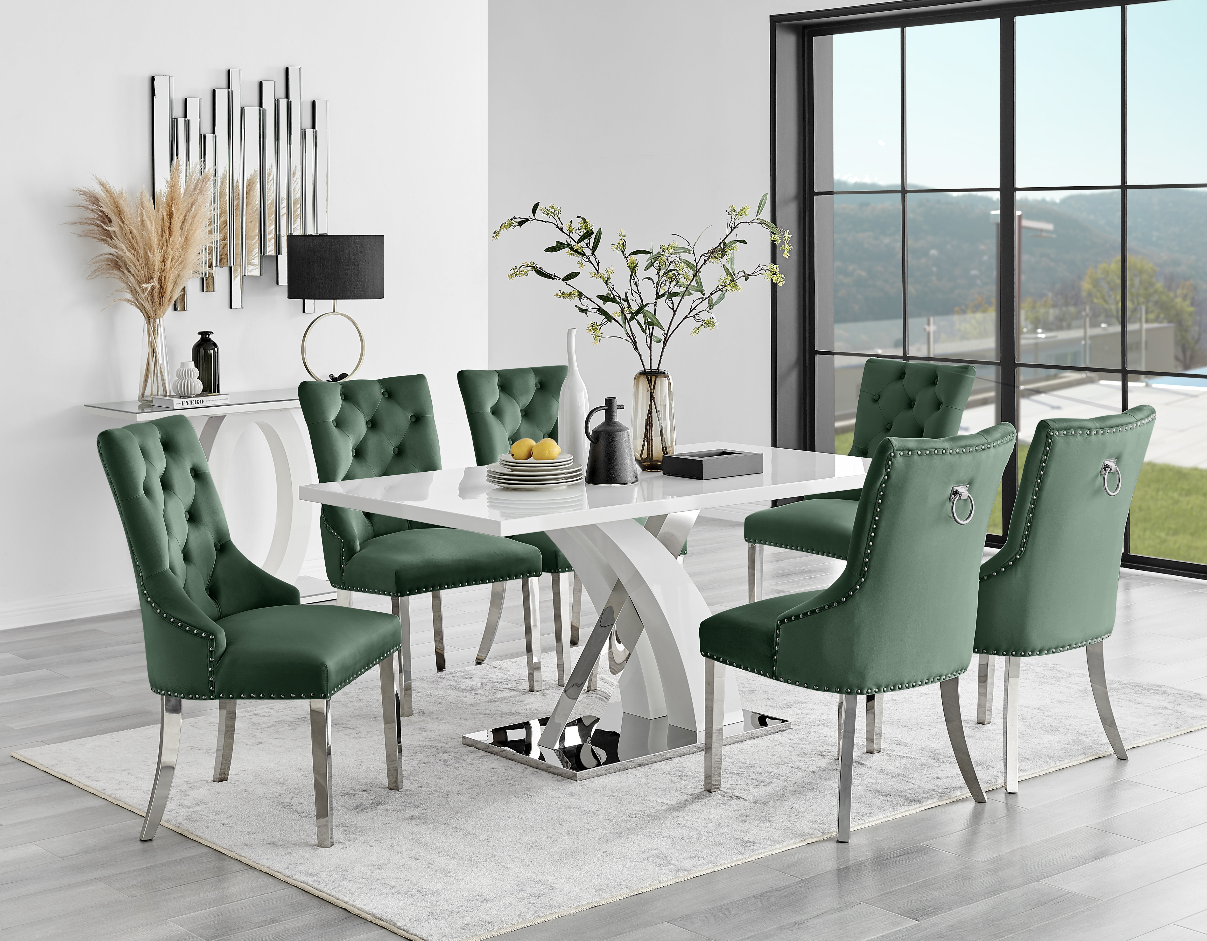 Ivy Bronx Marietta Chrome Metal & White High Gloss Dining Table Set - 6 ...