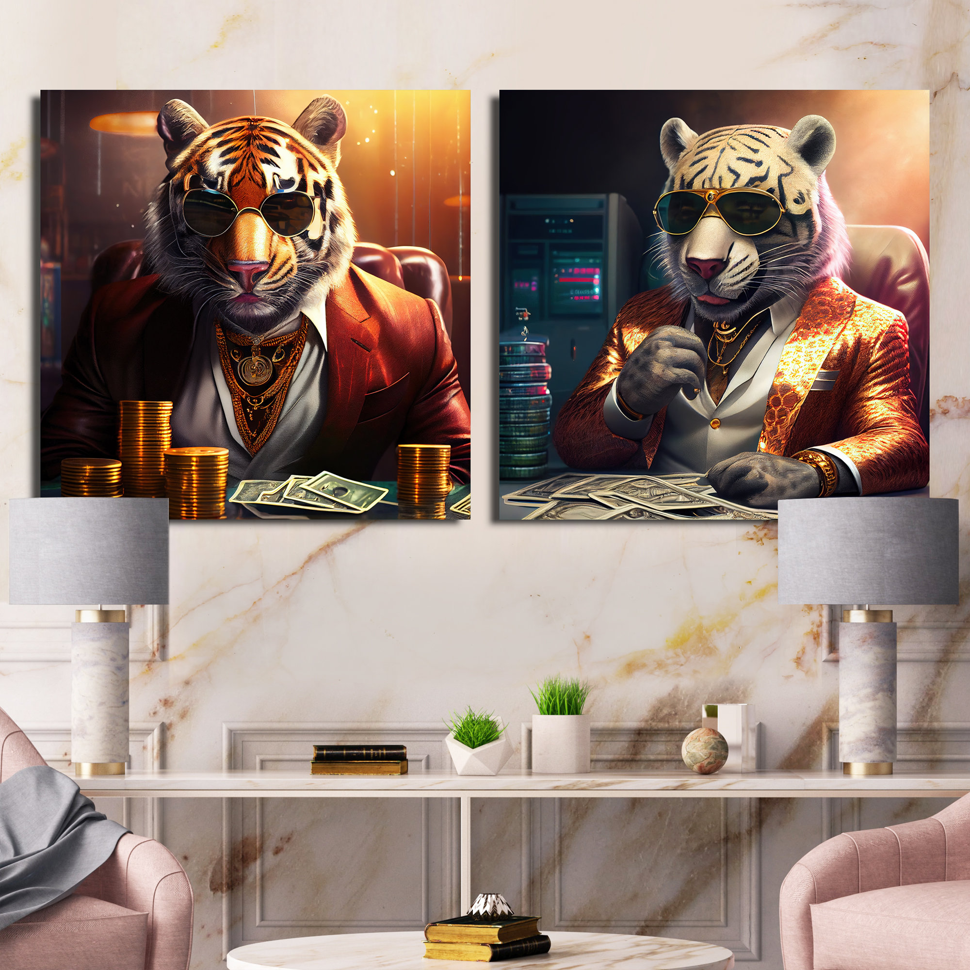 Trinx Stylish Tiger Gambling - Animals Square Collage Set Of 2 | Wayfair