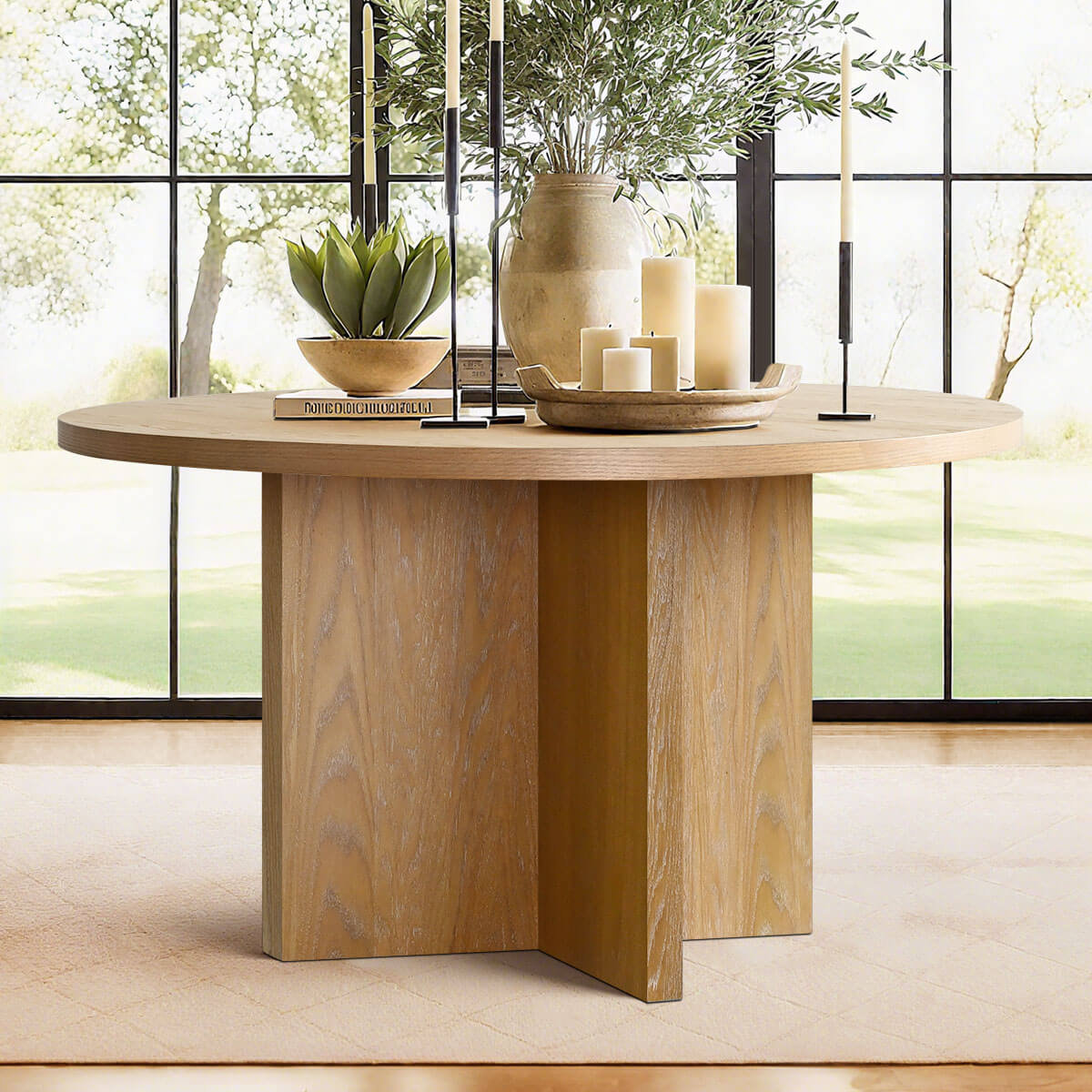 Ebern Designs 52 Inch White Oak Veneer Round Pedestal Dining Table ...