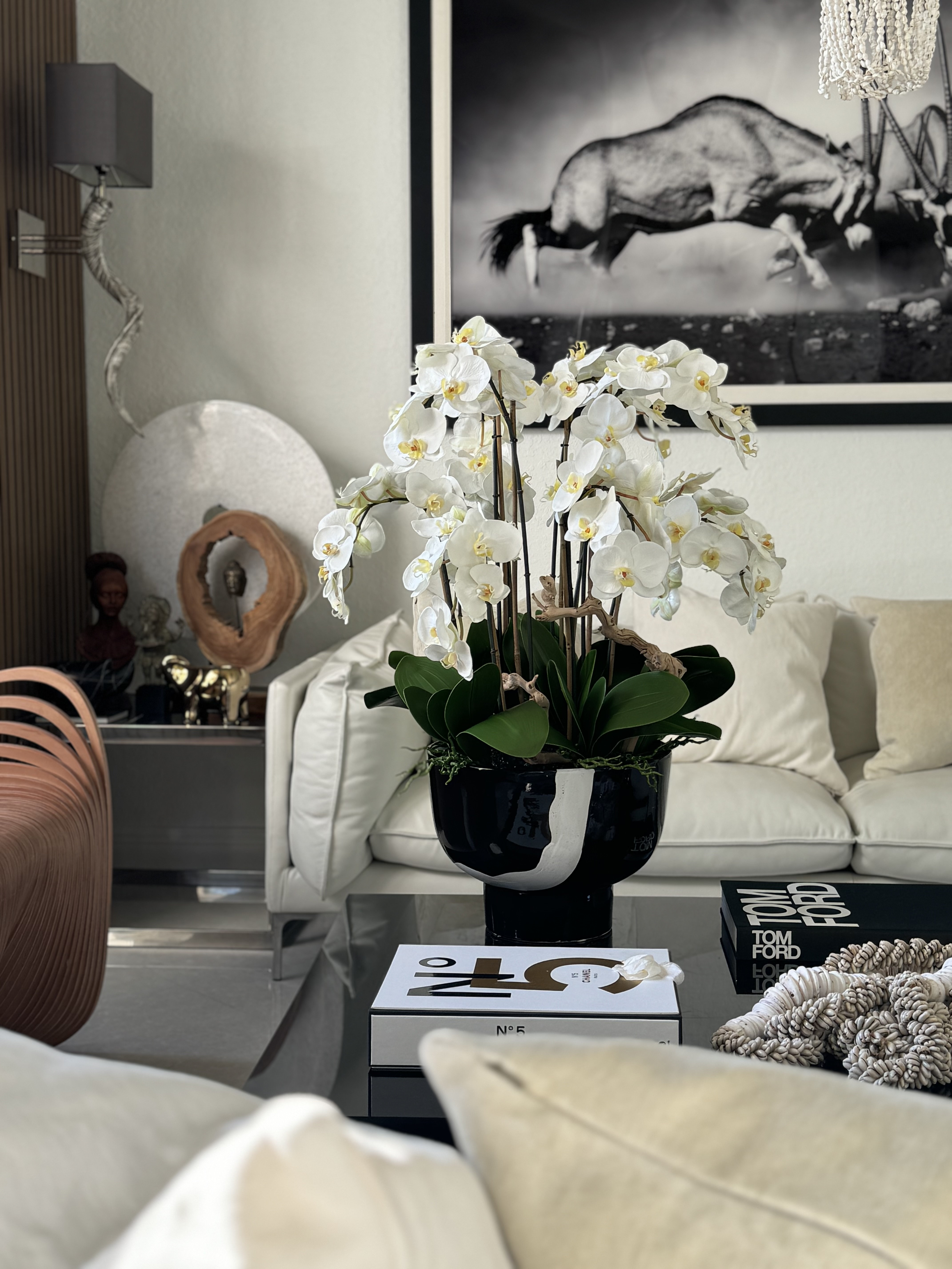 CFA Design Group White Cascading Orchids In Black and White Kempff Bowl ...