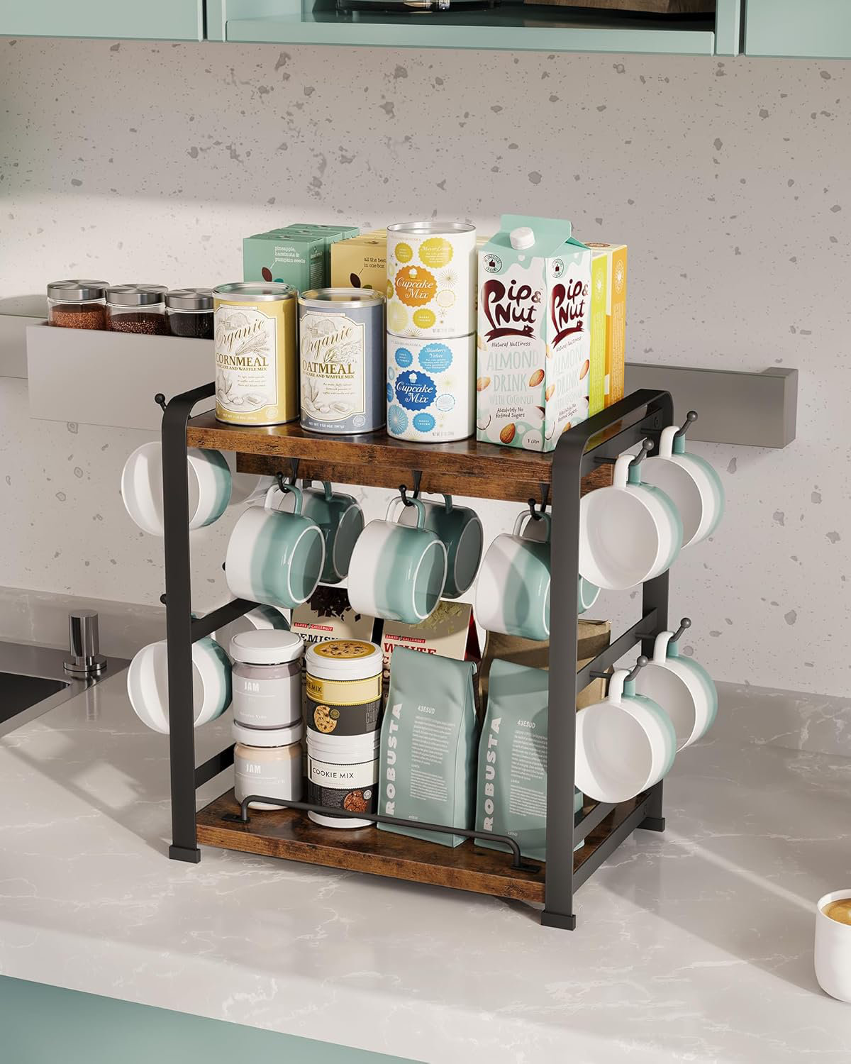 Ophelia & Co. Wooden Coffee Bar Organizer With 14 Mug Hooks, 2 Tier ...