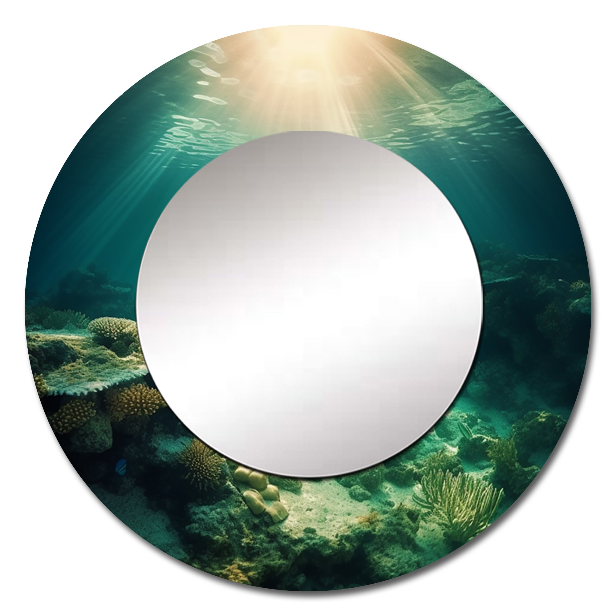 Design Art Underwater Coral II - Coastal Round Mirror For Wall Decor ...