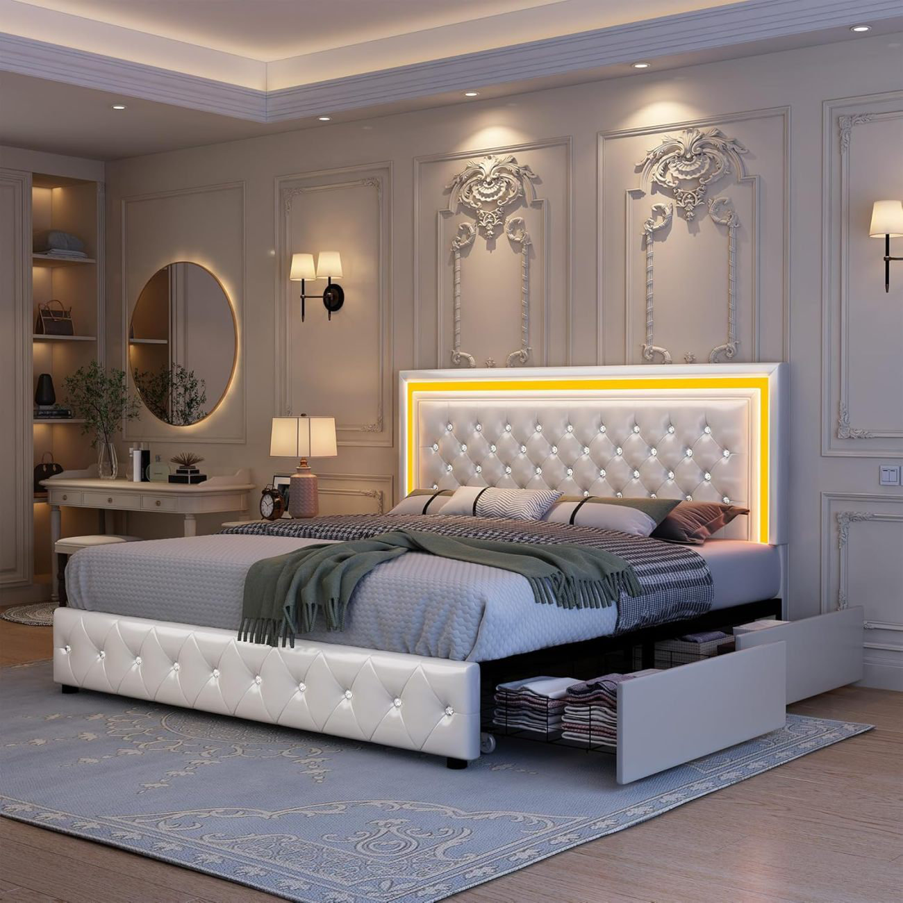Ivy Bronx Led Bed Frame With 4 Storage Drawers, Smart Control RGB LED ...