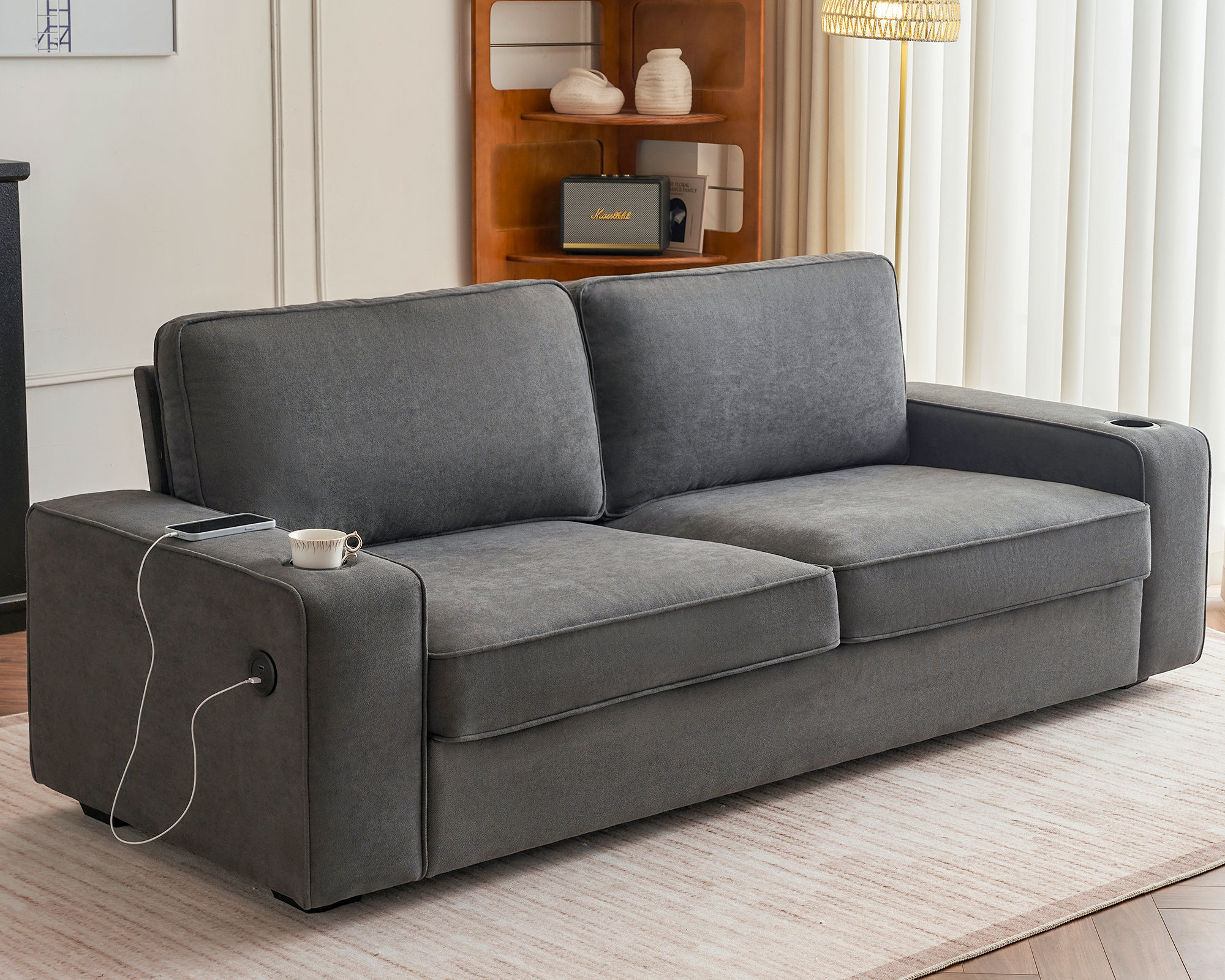 Latitude Run® Girdhari 89'’ Modern Sofa with USB Charging Ports & Cup ...