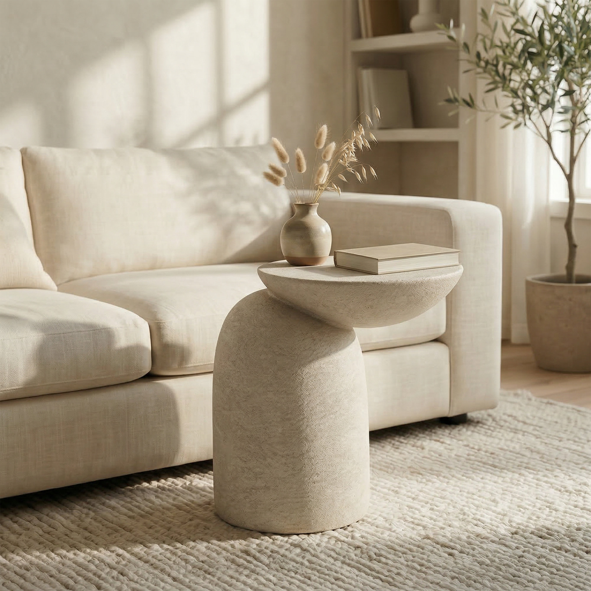 Brayden Studio® Modern Sculptural Round End Table With Cream Faux ...