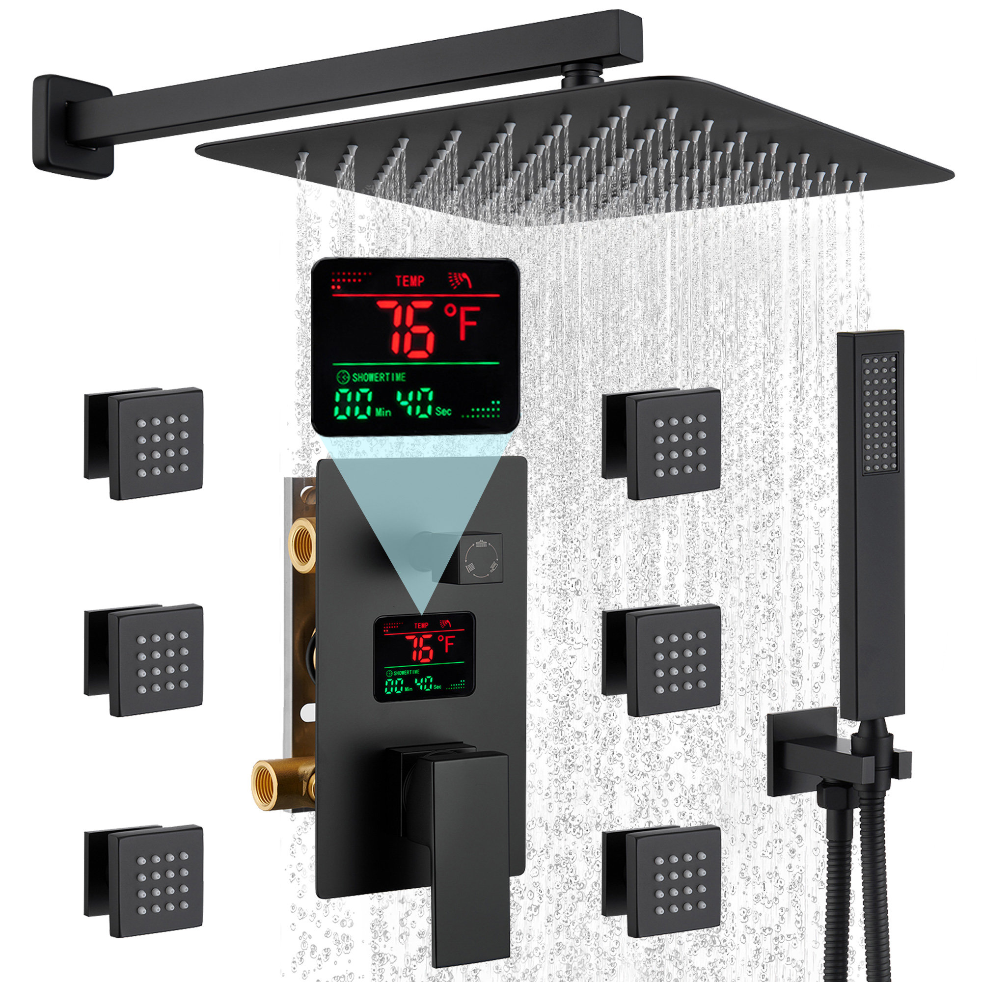 CASAINC 12" LCD Display 3-Function Wall Mounted Pressure Balanced ...