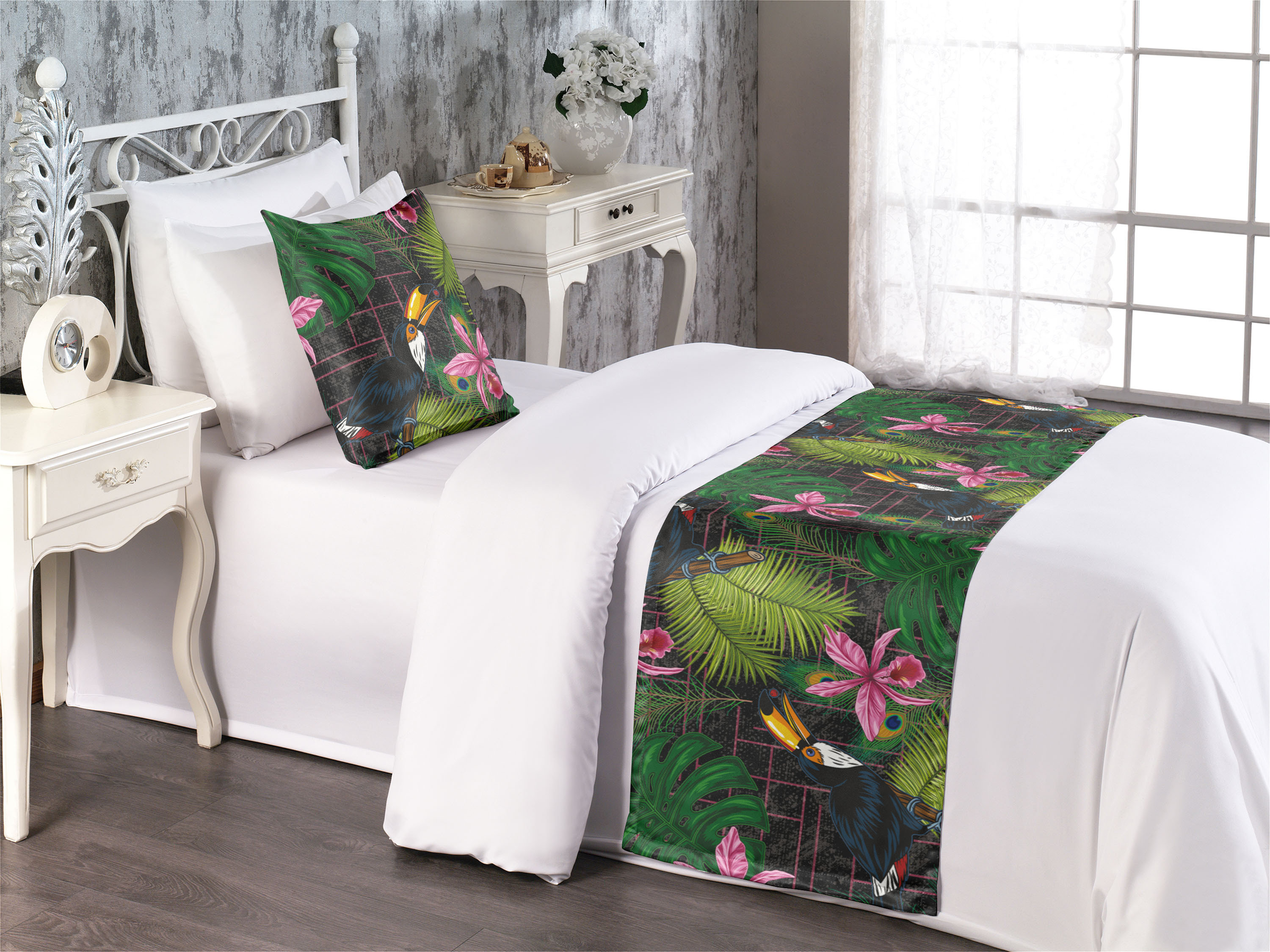 Ambesonne Jungle Bed Runner Set Toucan and Peacock Jungle Pistachio ...