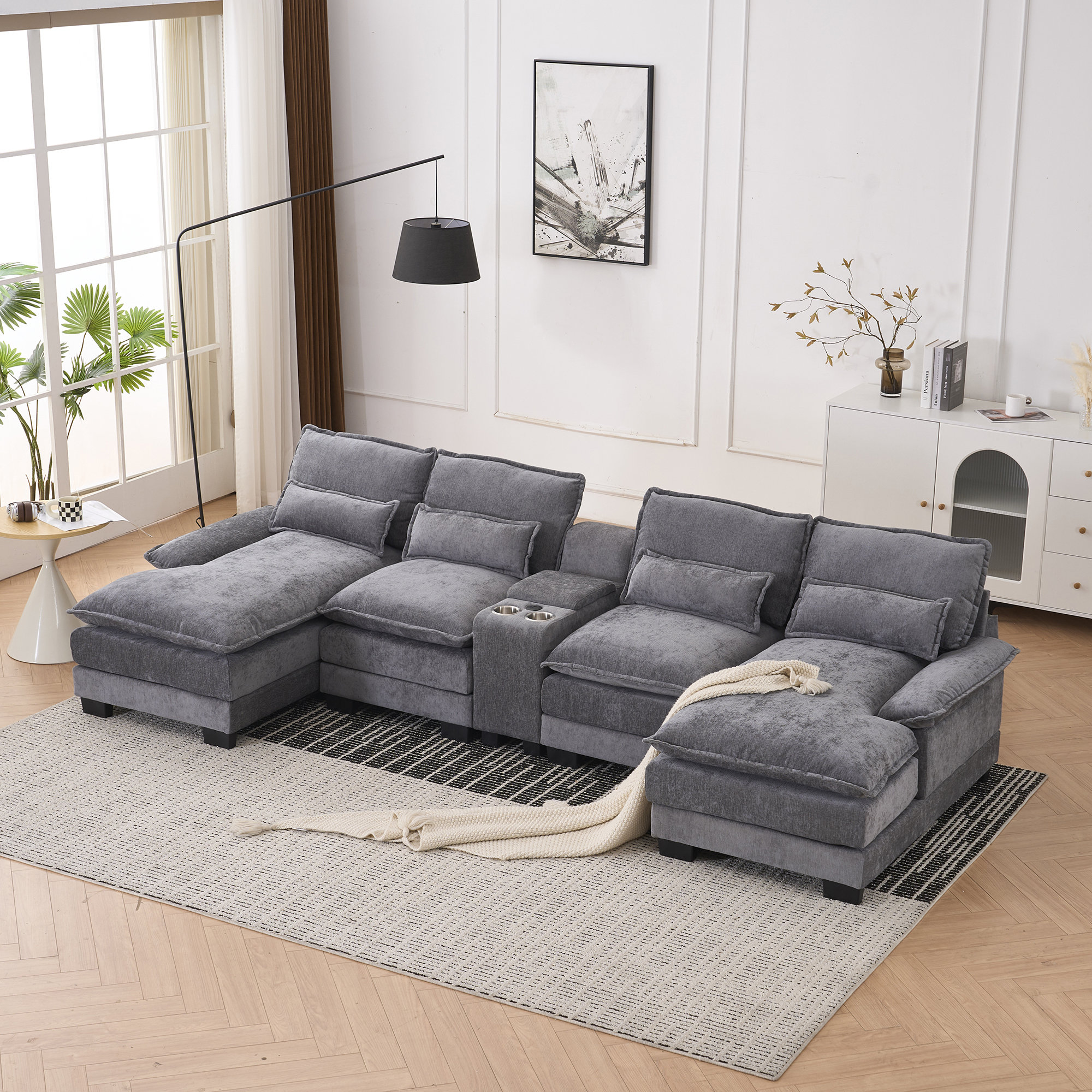 Brayden Studio 123"x55" U-shaped Sofa Bed With Charging Console | 6 ...