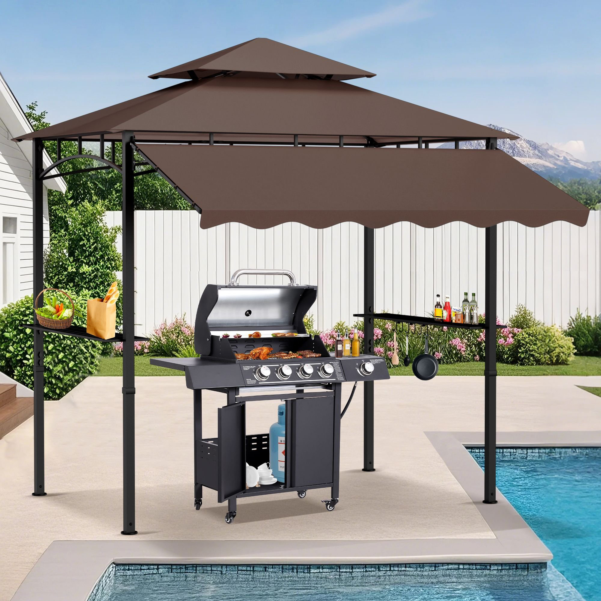 GIODIR 8'X 8' Grill Gazebo with Extra Side Awning, Double Tiered BBQ ...