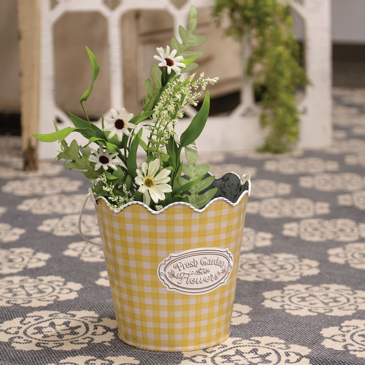 Rosalind Wheeler Fresh Garden Flowers Yellow Gingham Bucket - Wayfair ...