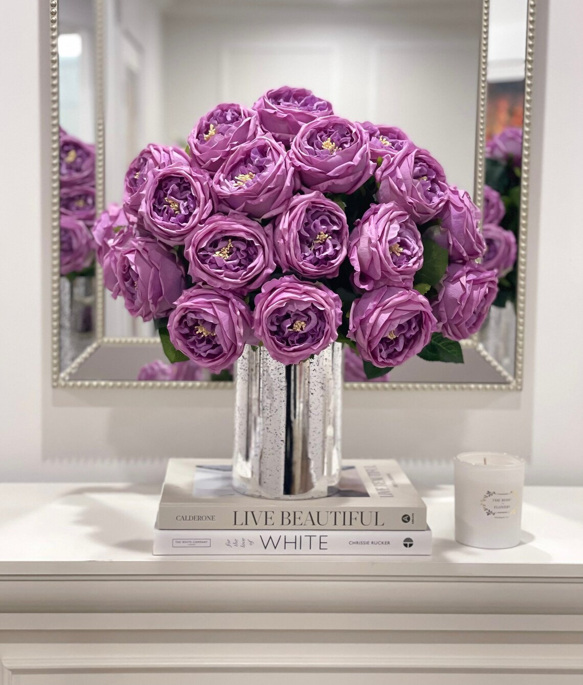 Flovery Large Purple English Rose Centerpiece In Tall Silver Vase ...