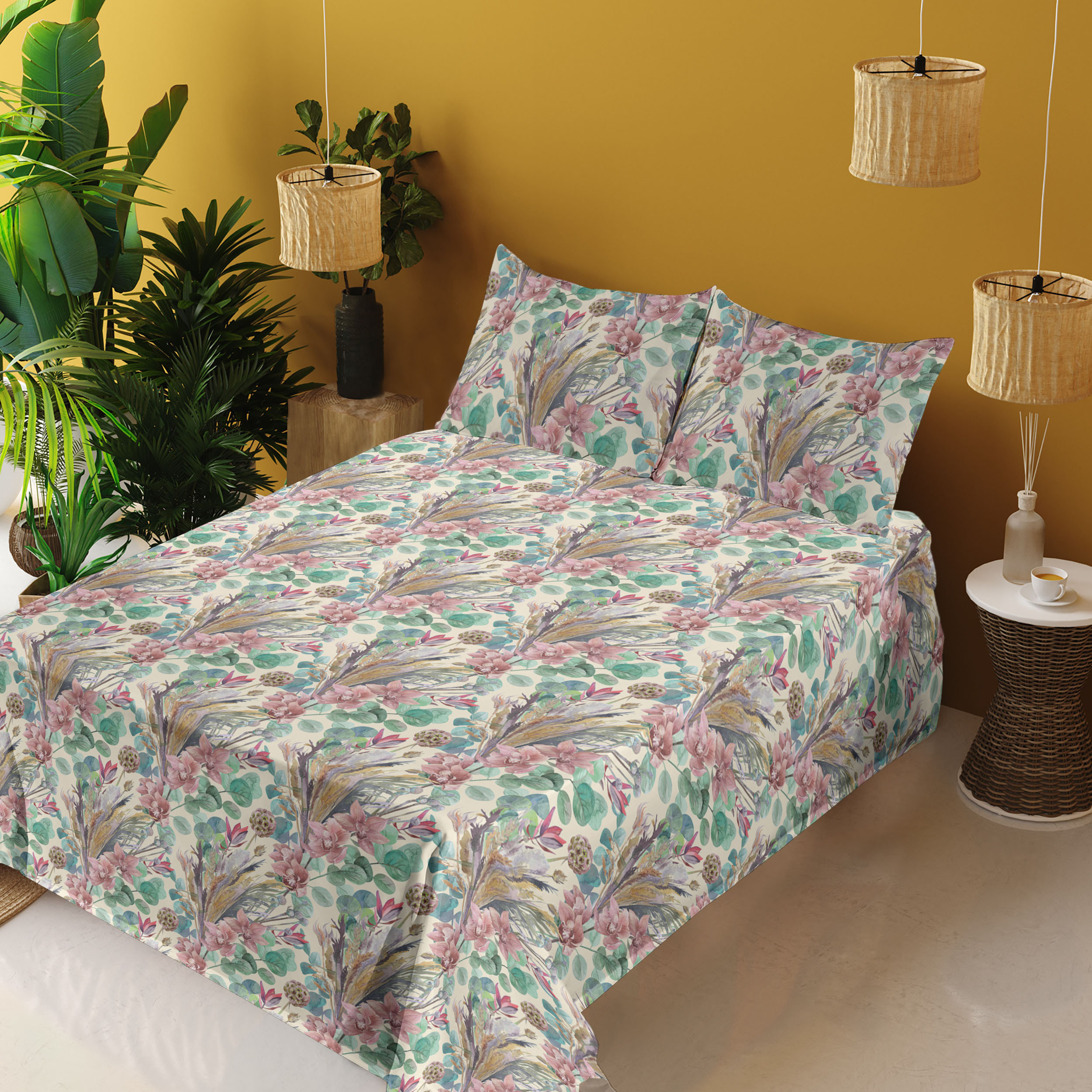 Ambesonne Orchid Artwork Sheet Set Asian Leaves Pattern Almond Green ...