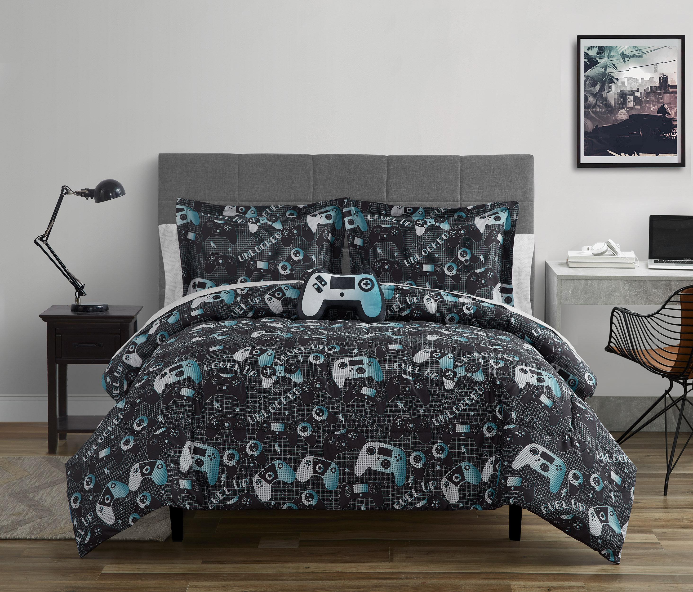 ALEX + BELLA Next Level Dark Gray/Blue Microfiber Comforter Set ...