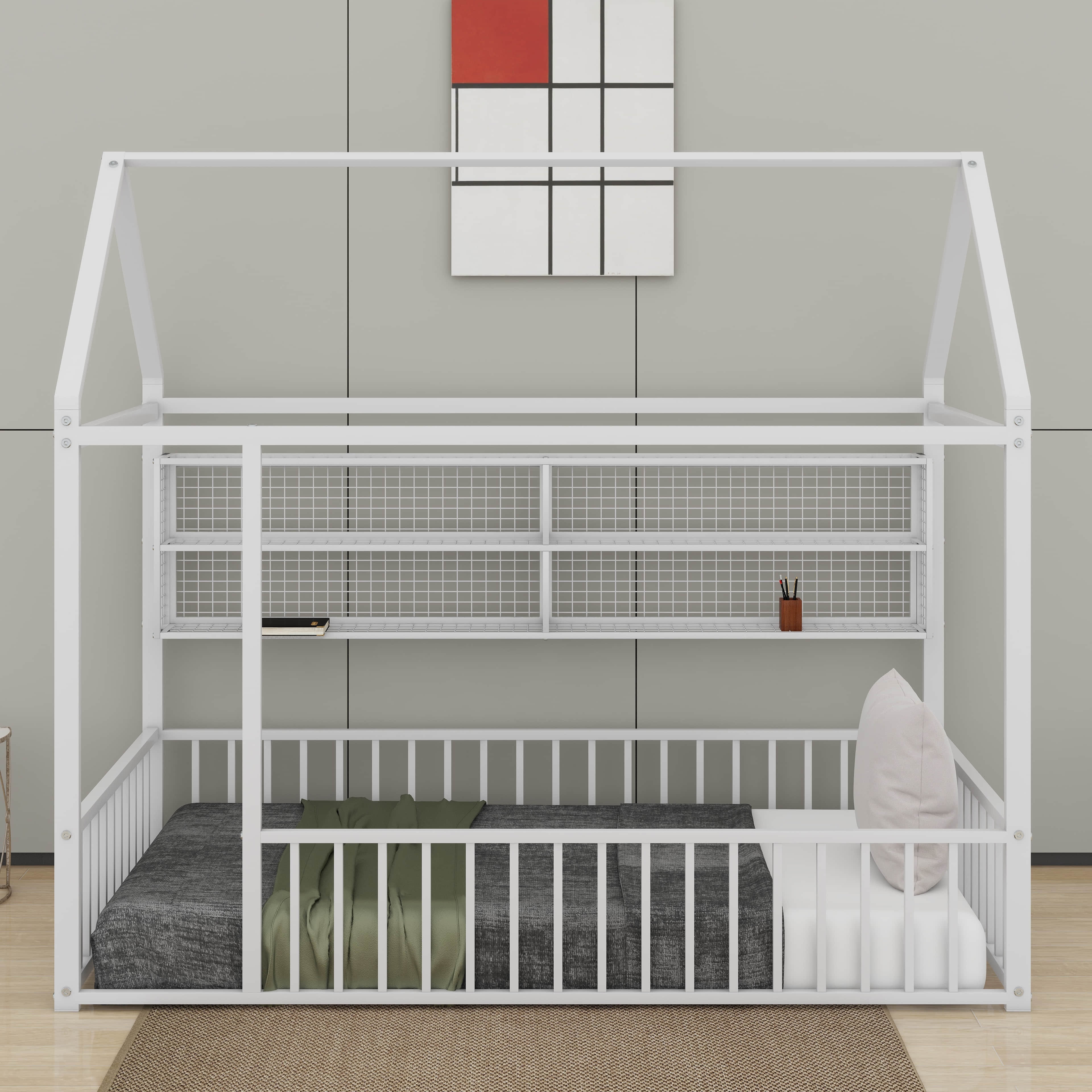 Ebern Designs Lit simple en métal avec clôture et tablettes - Wayfair ...