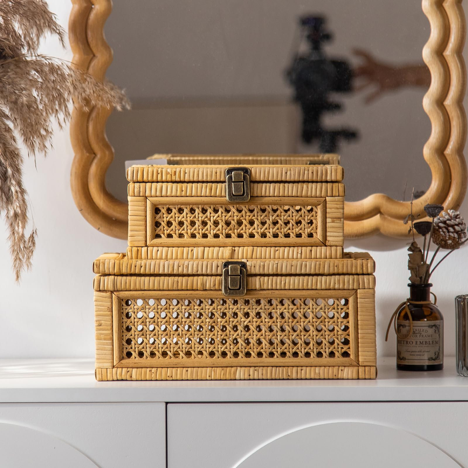 Bayou Breeze Set of 2 Rattan Decorative Storage Baskets with Lids, Boho ...