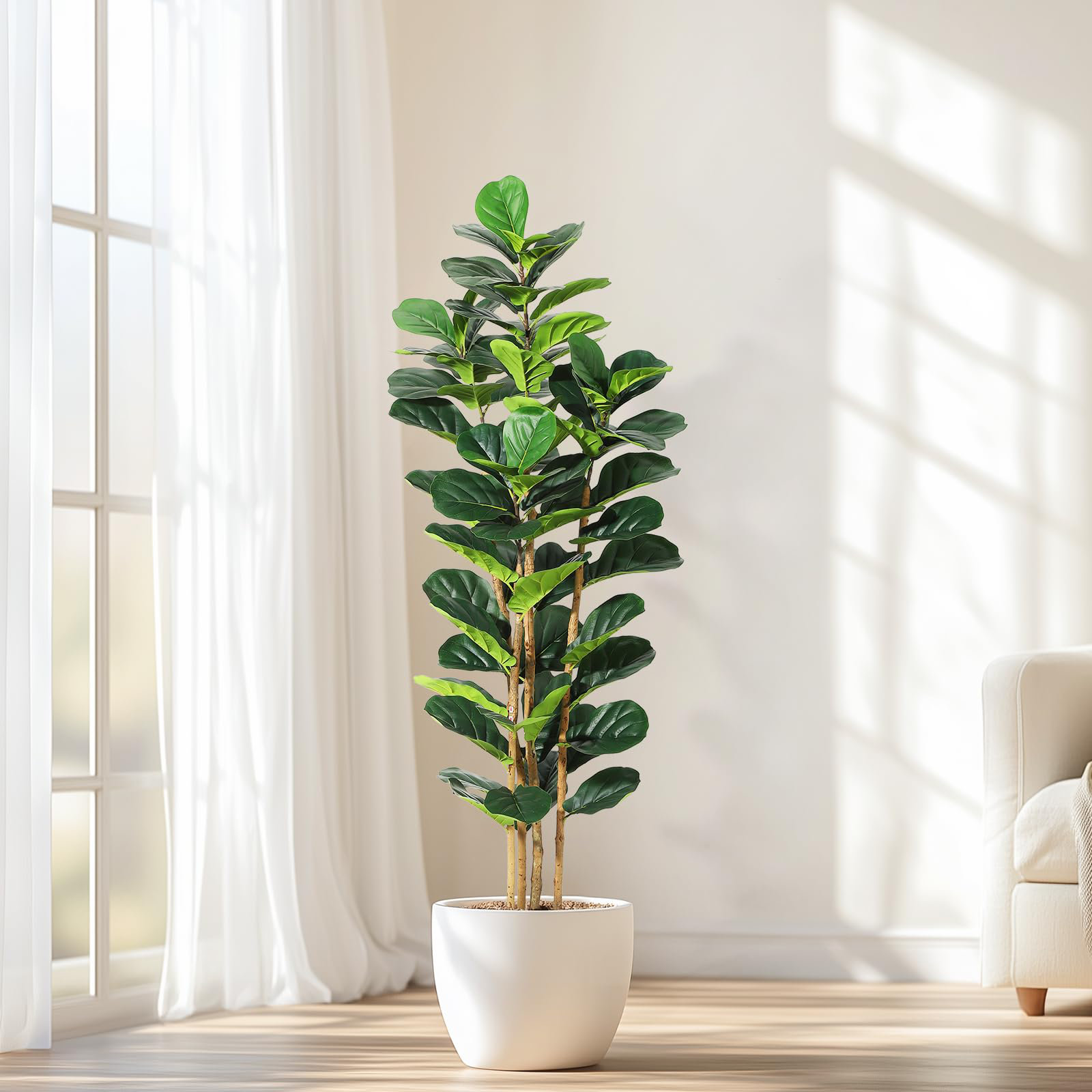 Yuan Home Faux Fiddle Leaf Fig Tree With White Tall Planter, Faux Trees ...